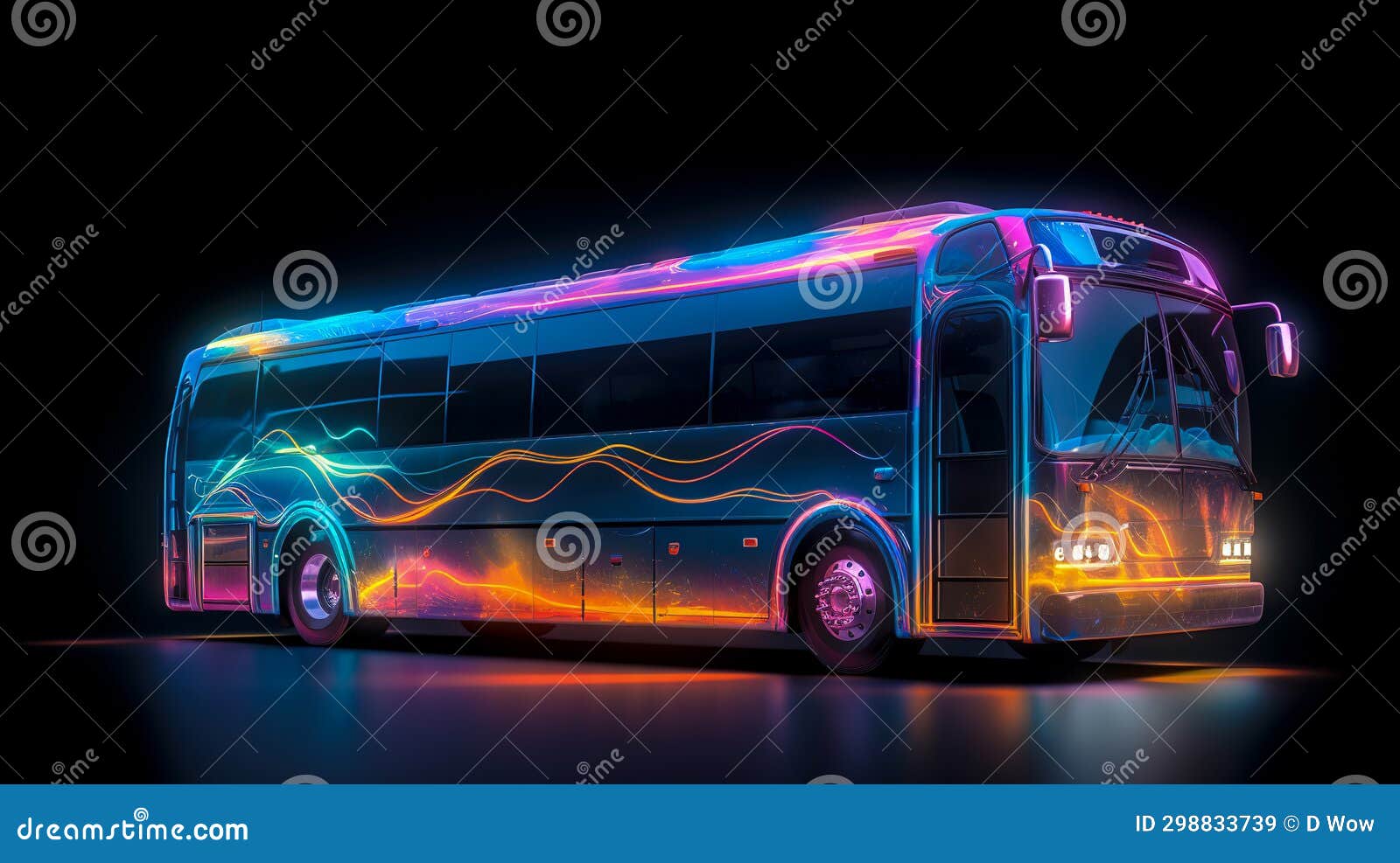 Colorful Neon Bus on a Dark Background with Colorful Lights. Stock ...