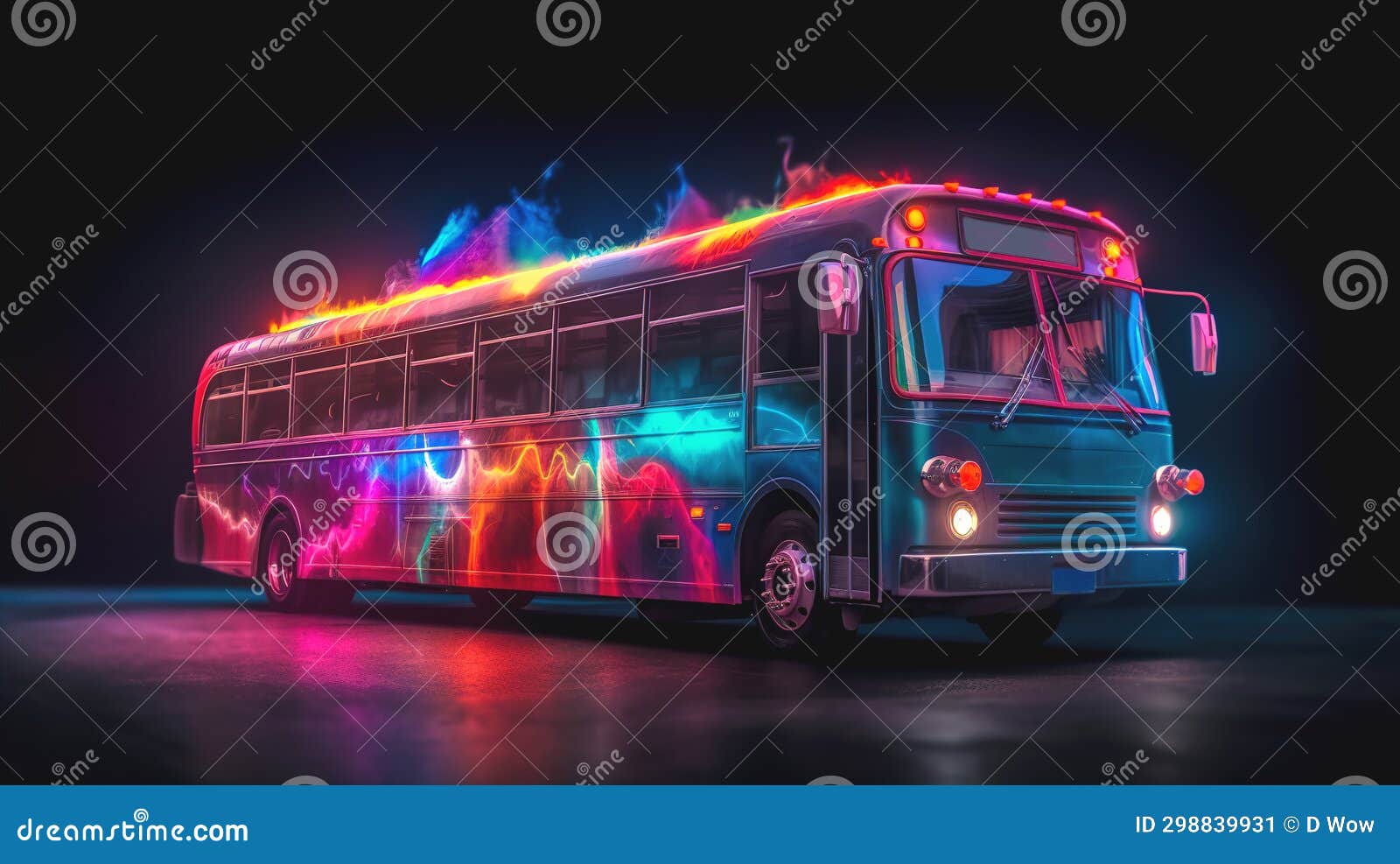 Colorful Neon Bus on the Street with Colorful Lights Stock Image ...