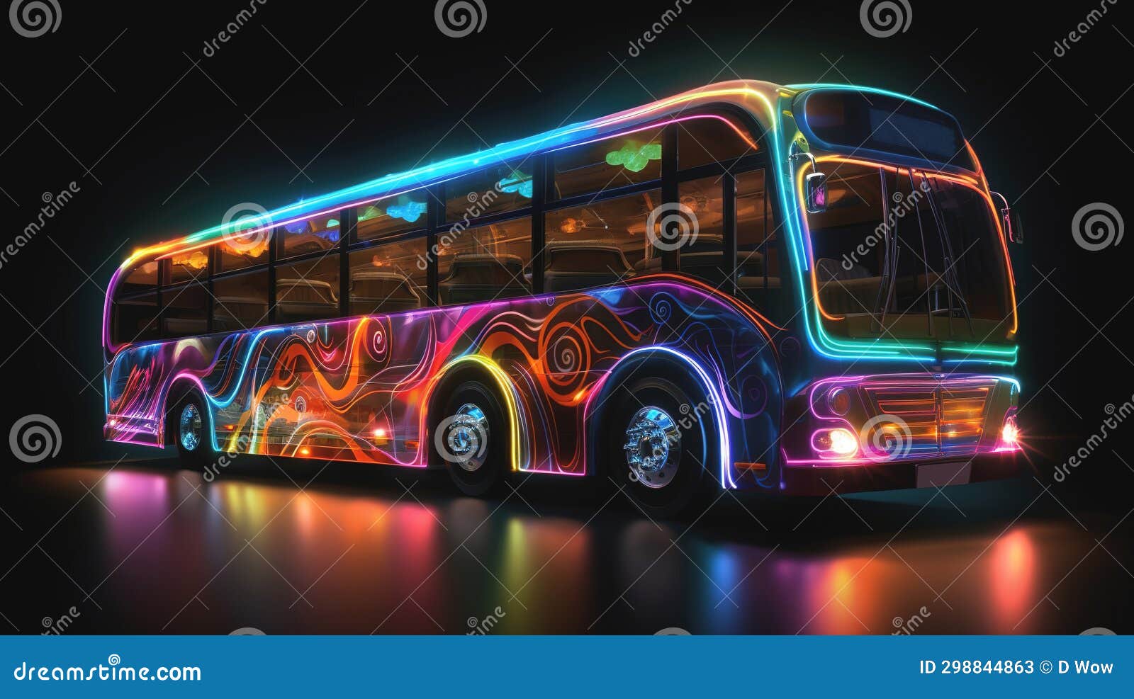 Colorful Neon Bus on the Street with Colorful Lights. Stock ...