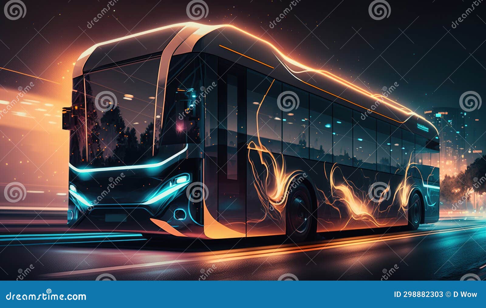 Colorful Neon Bus on the Street with Colorful Lights. Stock ...