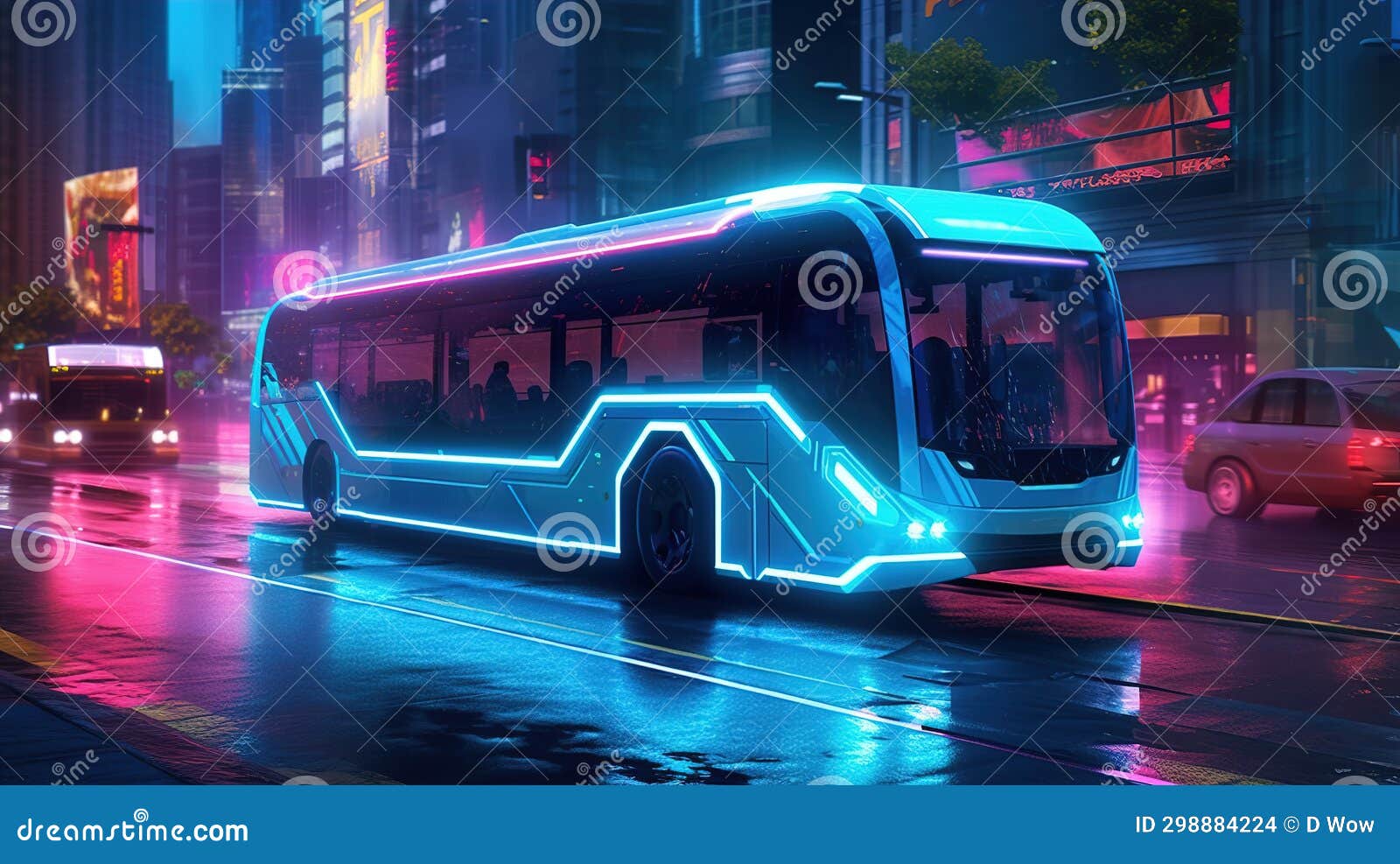 Colorful Neon Bus on the Street with Colorful Lights. Stock ...
