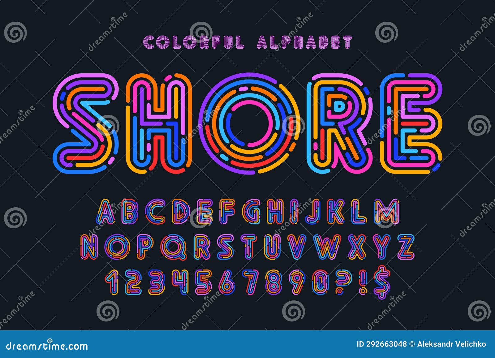 Colorful Neon Light Alphabet, Multicolor Stroke Style. Stock Vector ...