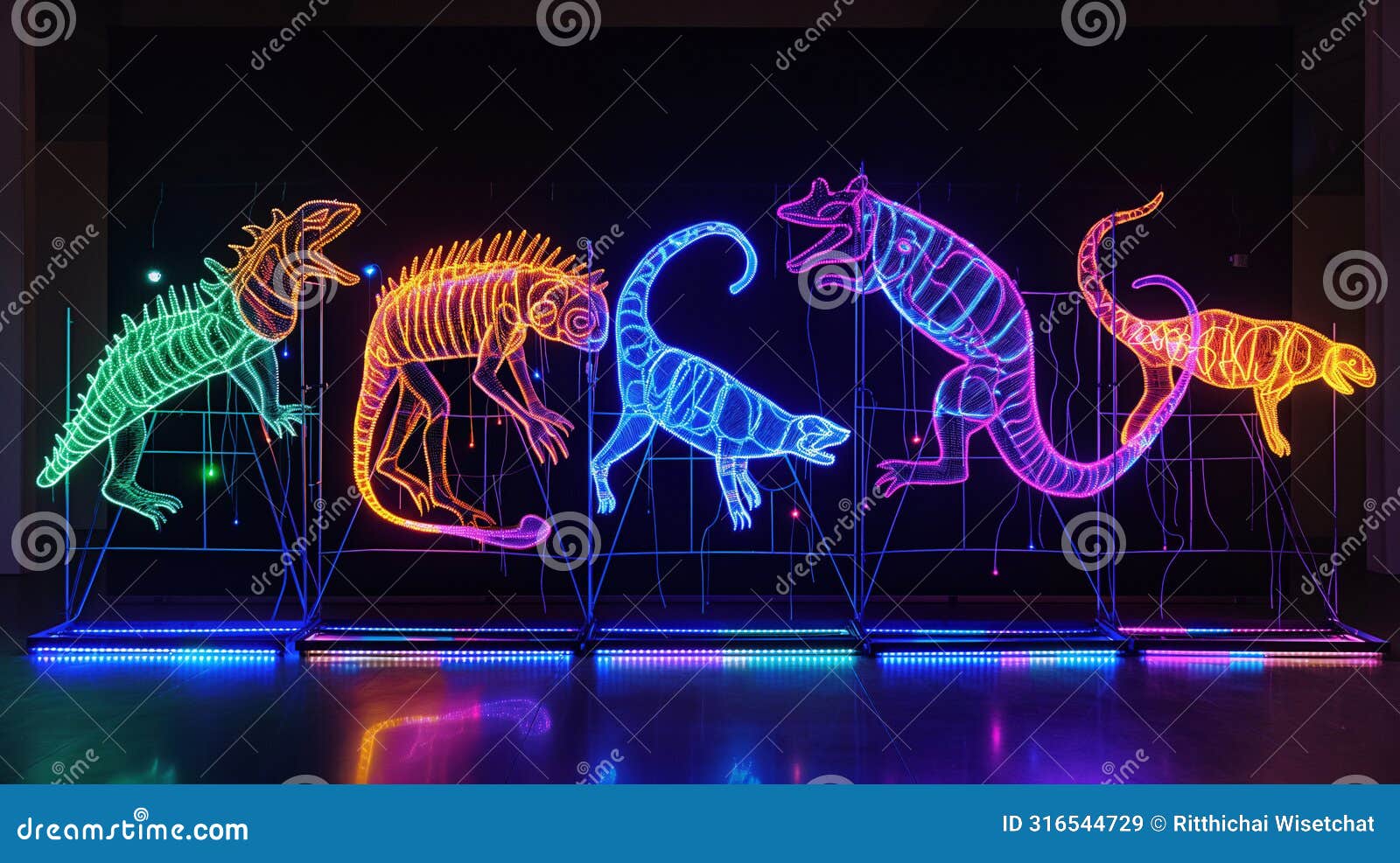 Colorful Neon Light Installations of Dinosaur Skeletons, Each Glowing ...