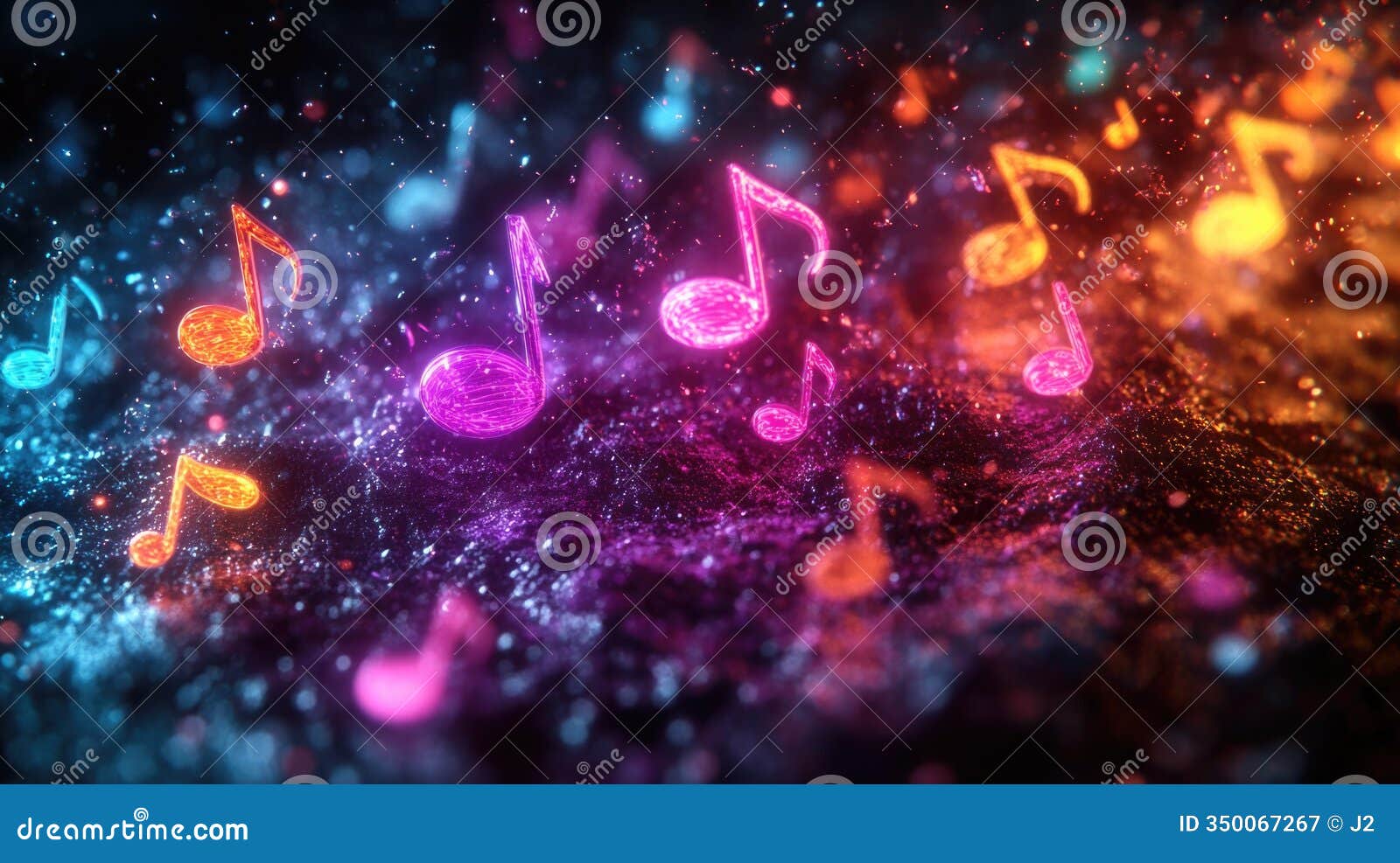 Colorful Neon Music Notes Floating on Glittery Background Stock Image ...