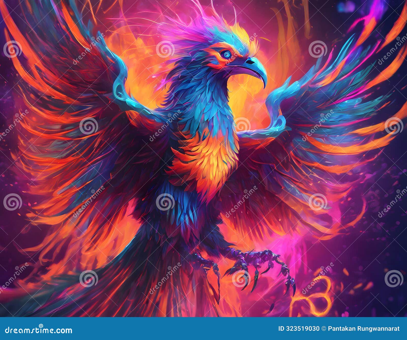 Colorful Neon Phoenix with Fire Wing, Phoenix Try To Fly in the First ...