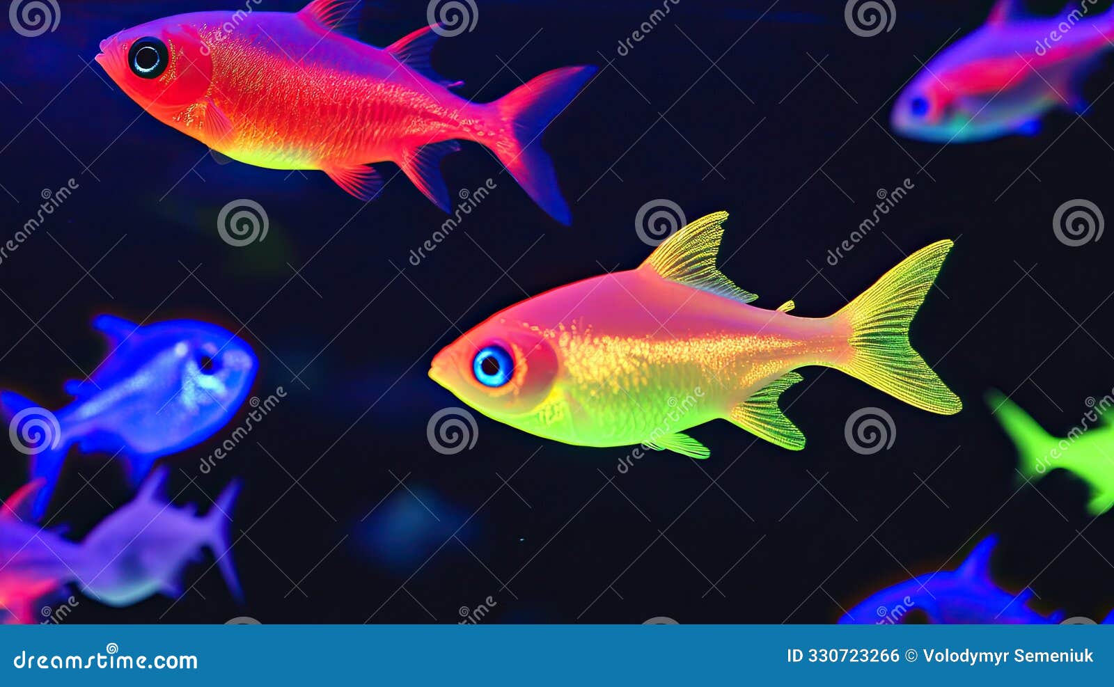 Neon Tetra Fish Swimming in a Dark Aquarium Showcasing Vibrant Glow in ...