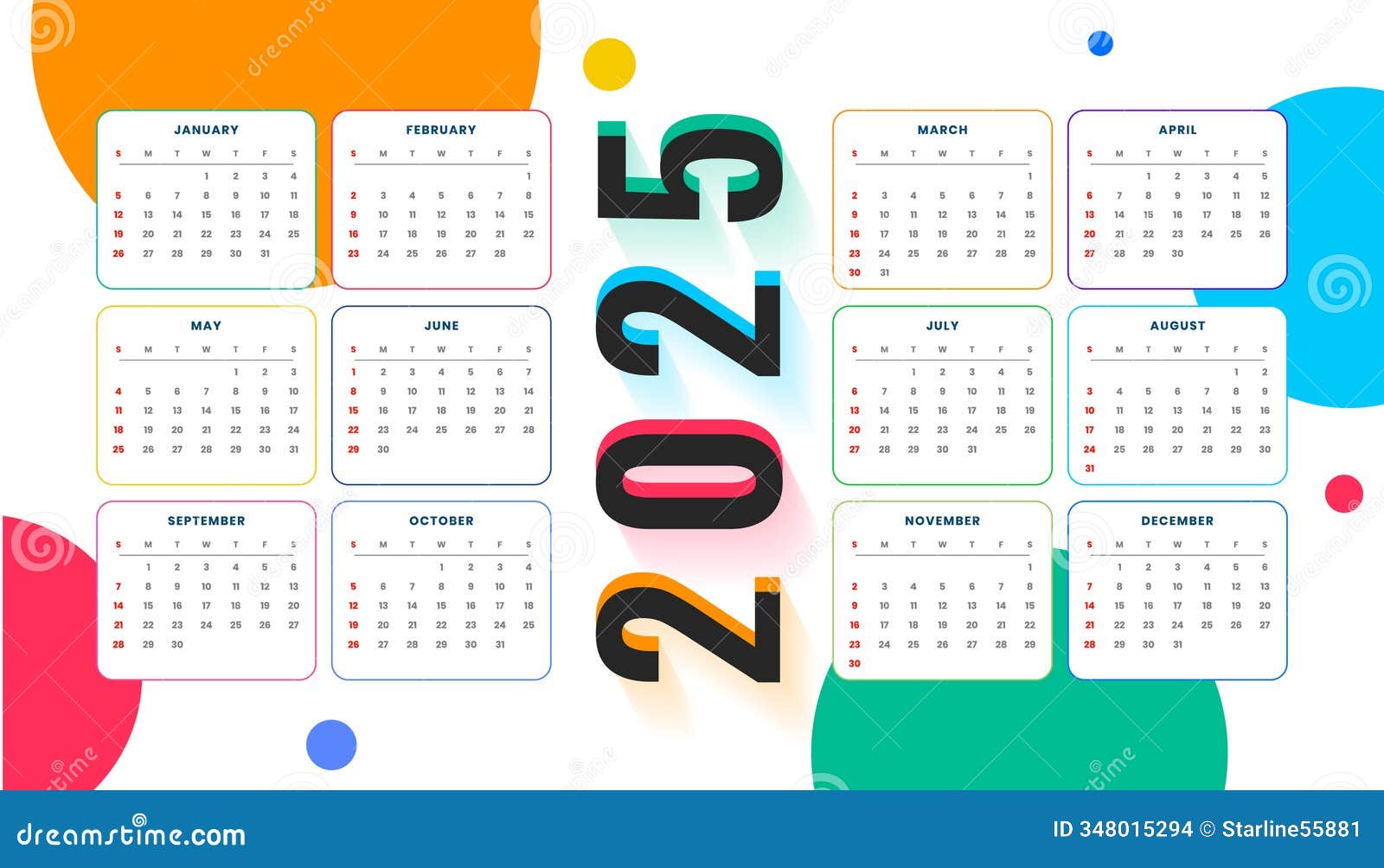 Colorful 2025 New Year Calendar Template in Printable Design Stock ...