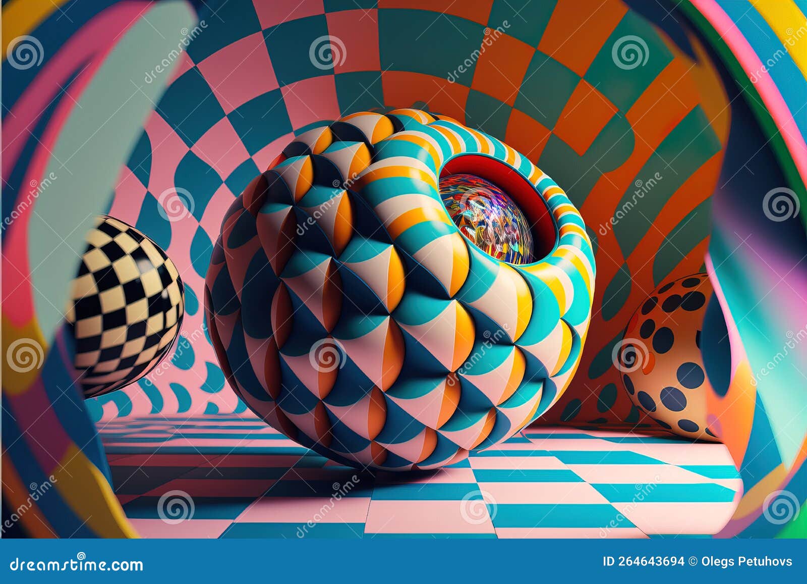 A Colorful Object with a Ball in the Center of it and a Checkered ...