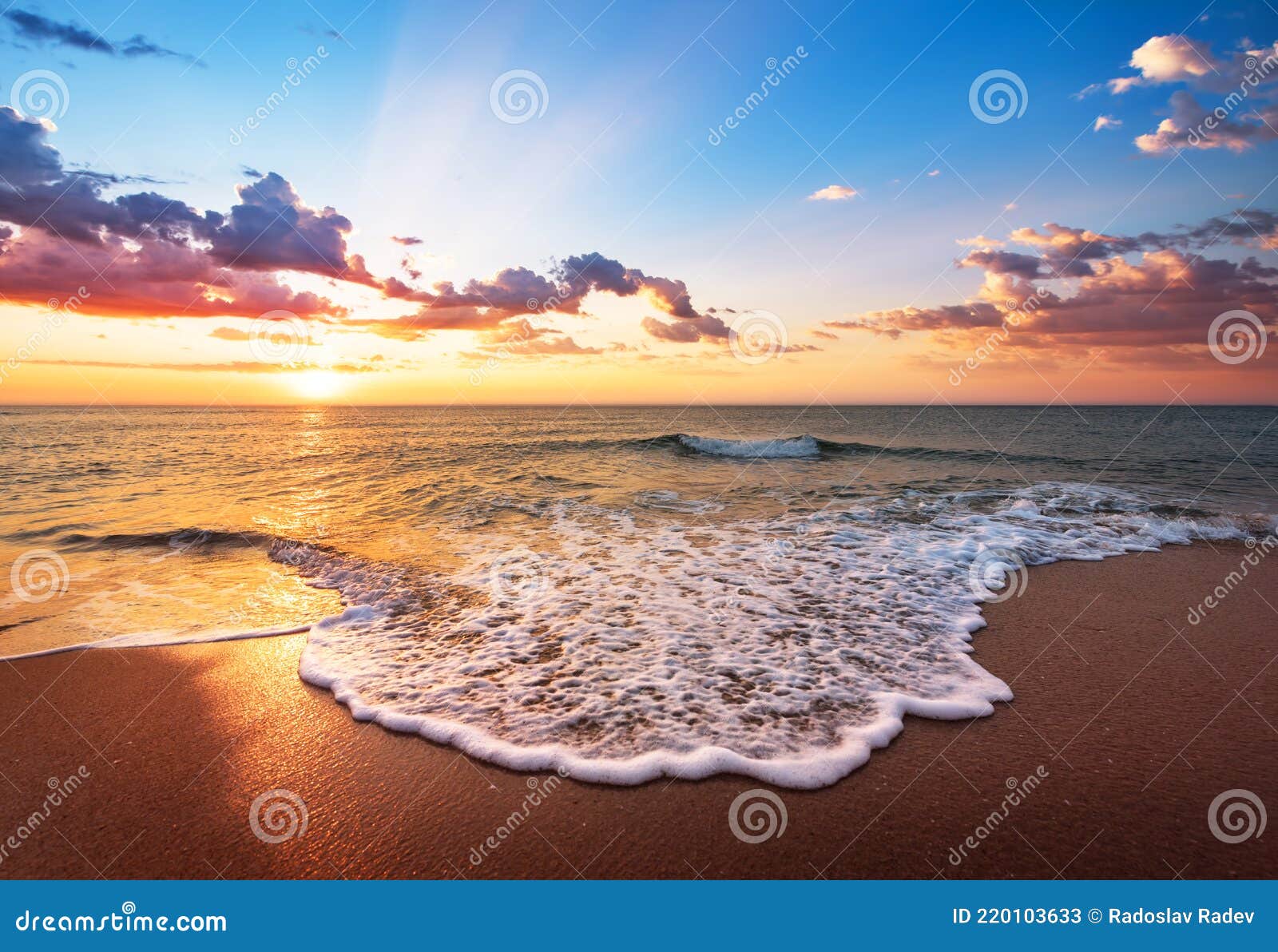 Colorful Ocean Beach Sunrise with Deep Blue Sky. Stock Image - Image of ...