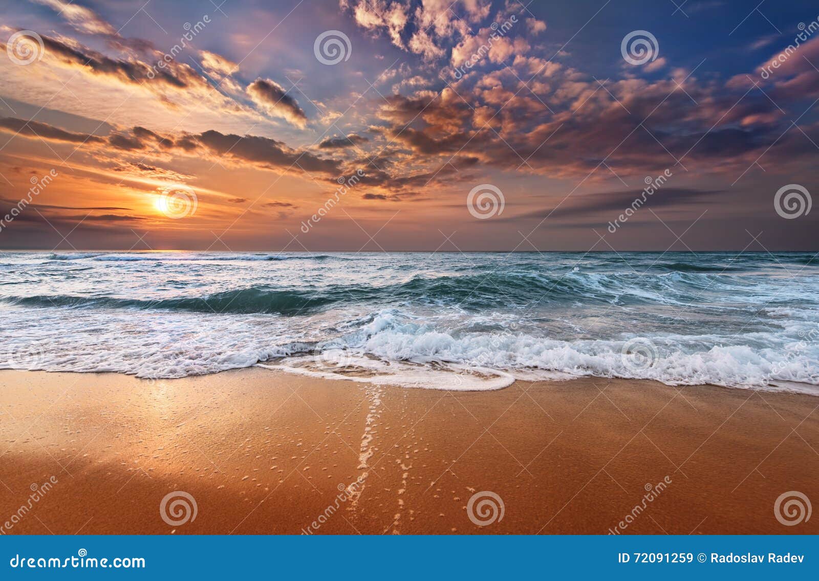 Colorful Ocean Beach Sunrise with Deep Blue Sky. Stock Image - Image of ...