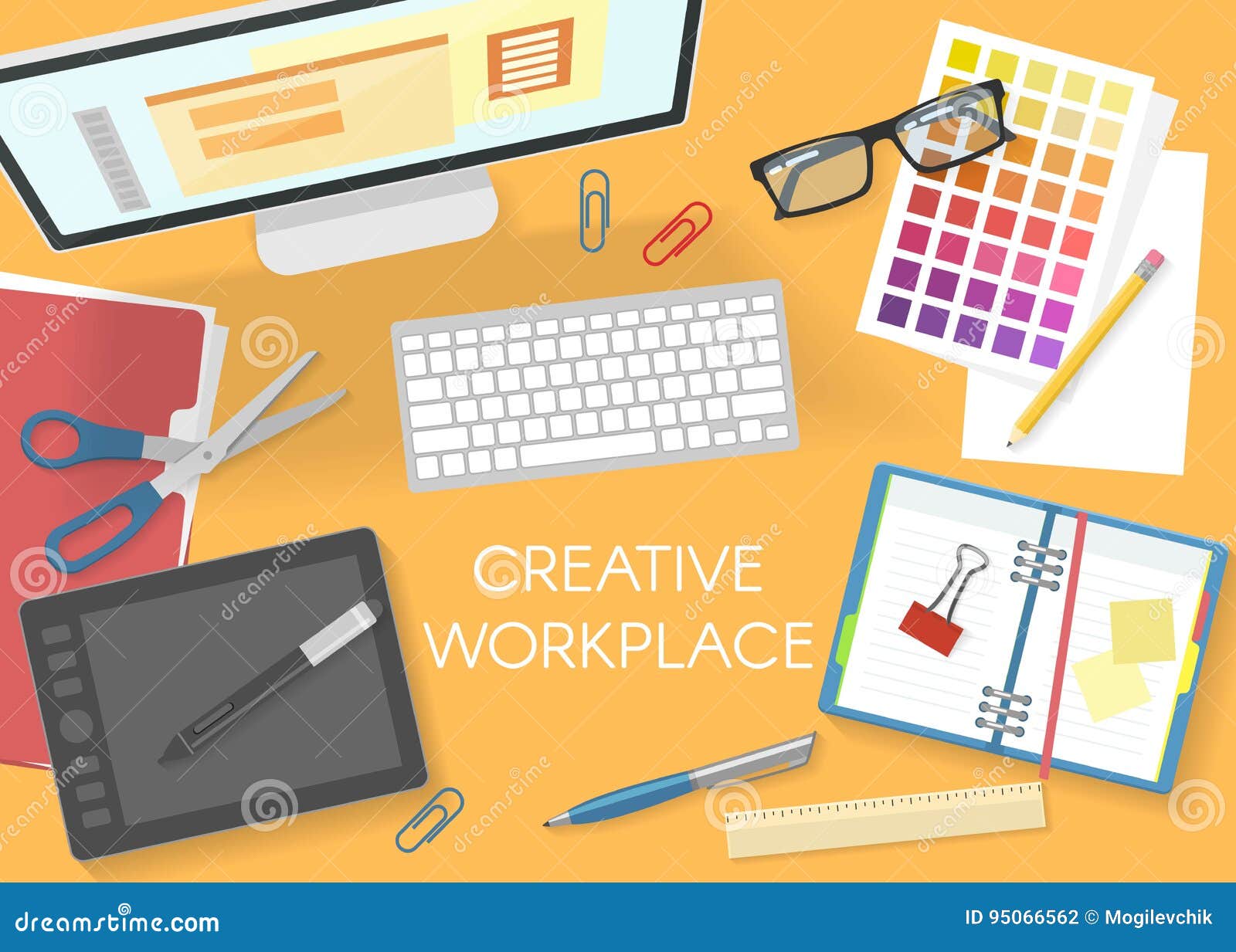 Colorful Office Workplace Top View Template Stock Vector - Illustration ...