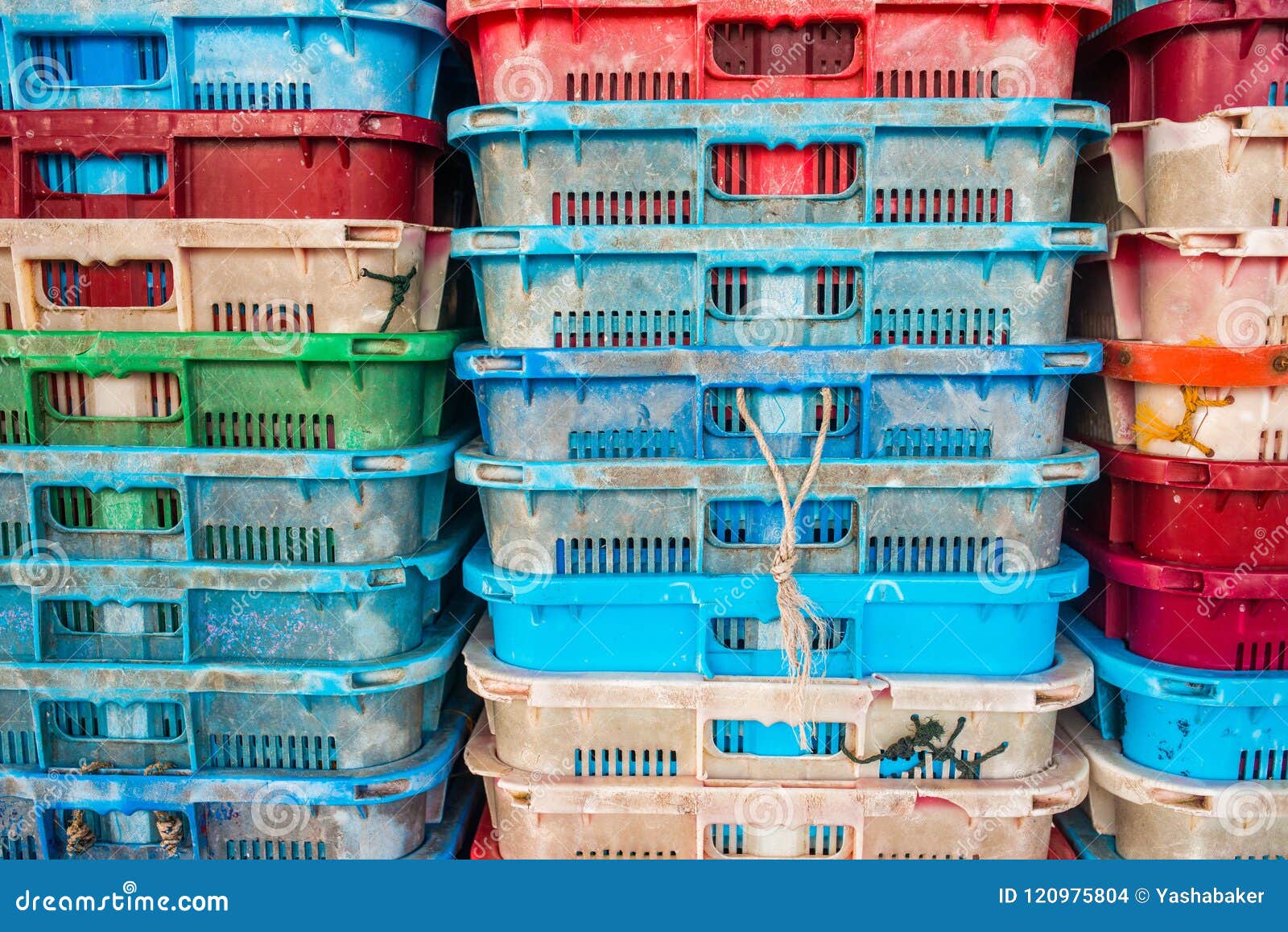 Colorful Old Plastic Crates for Fish Stock Photo - Image of blue ...