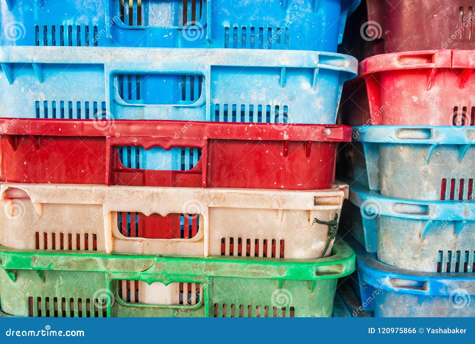 Colorful Old Plastic Crates for Fish Stock Photo - Image of empty ...