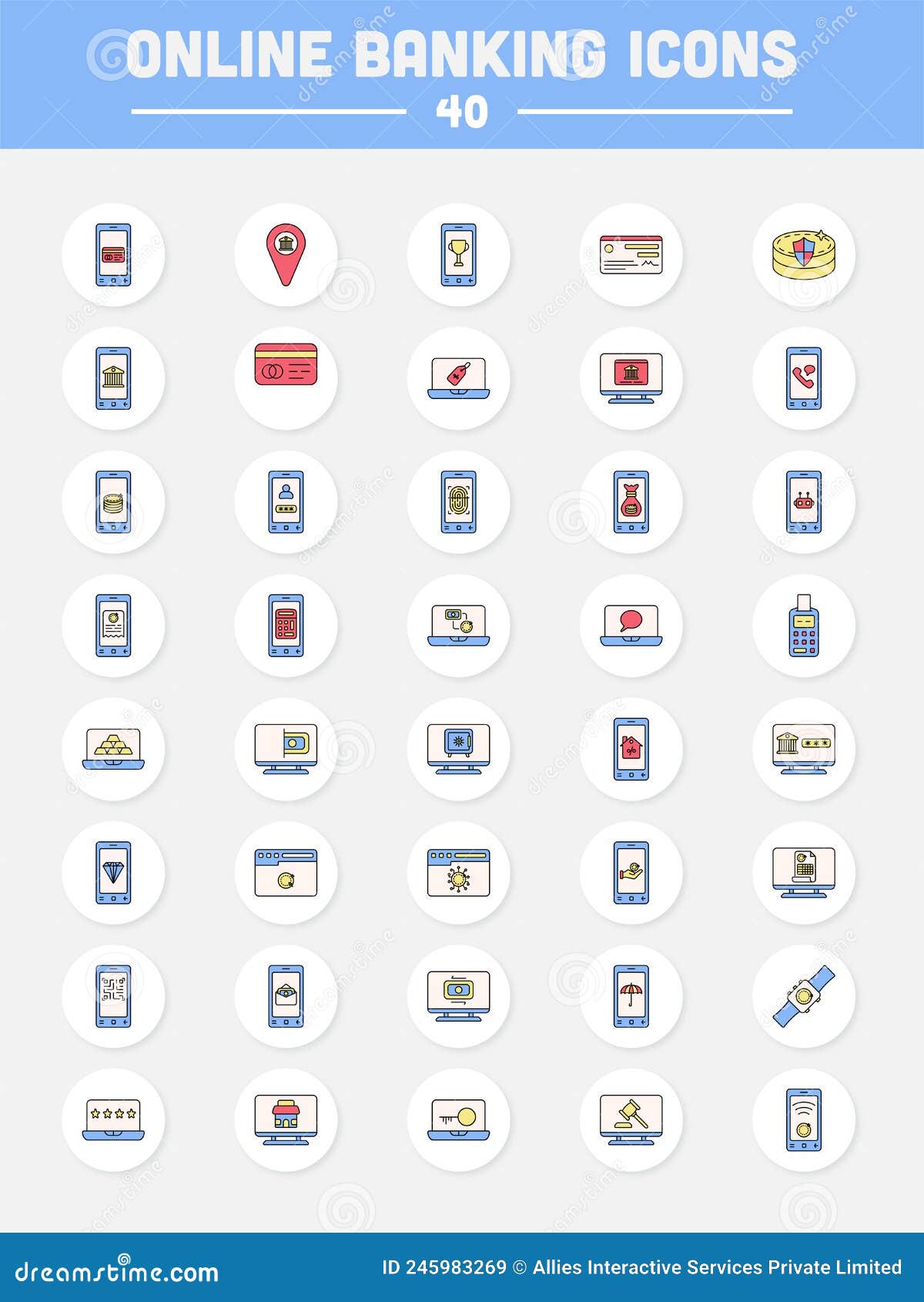 Colorful Online Banking Icon Set on Circle Stock Illustration ...