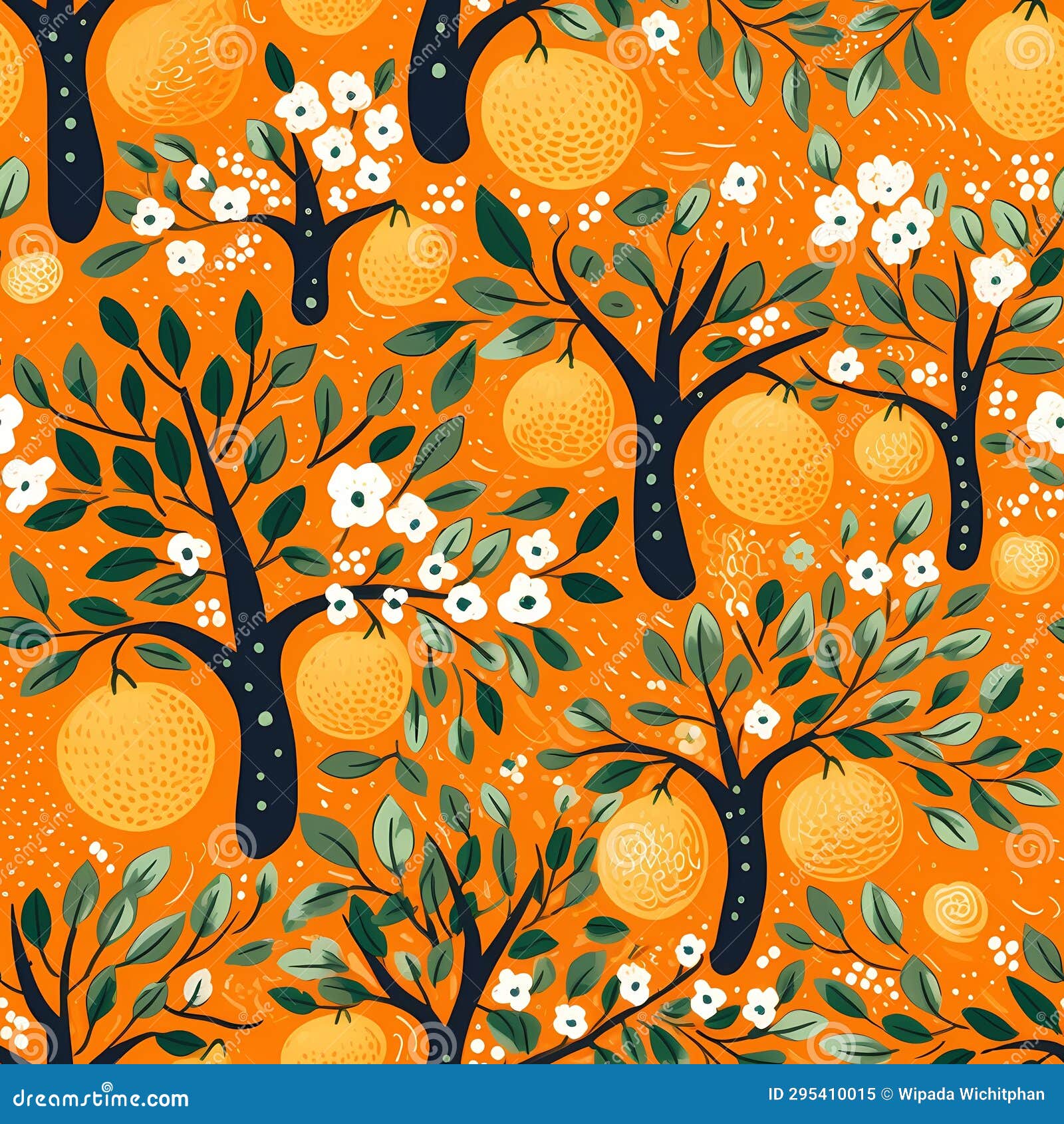 Colorful Orange Tree Garden Drawing Seamless Pattern Stock Illustration ...
