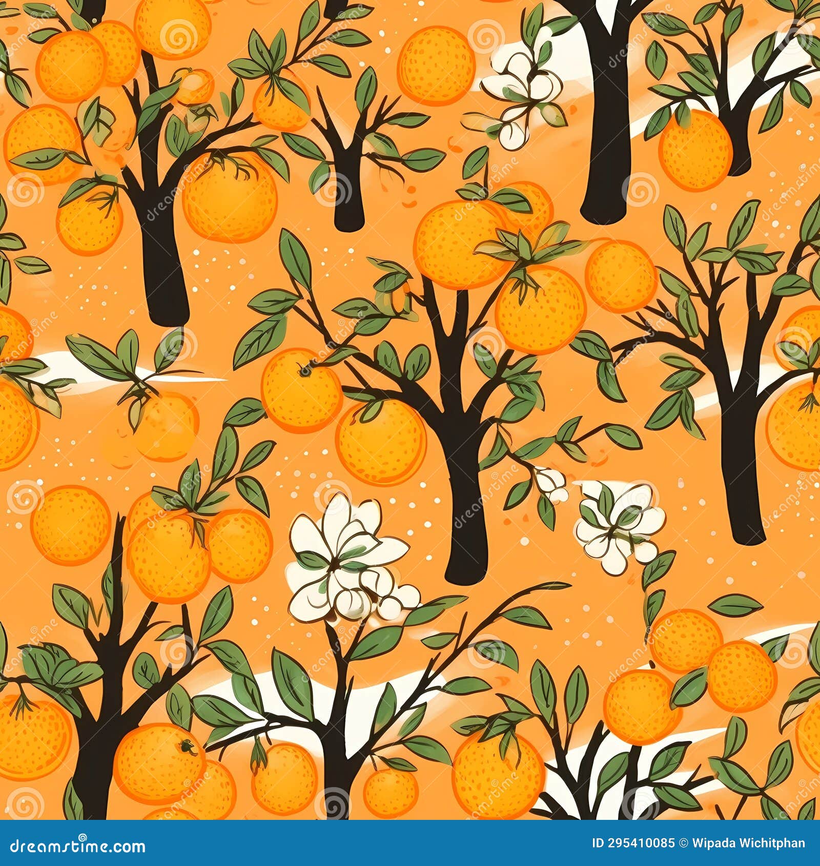 Colorful Orange Tree Garden Drawing Seamless Pattern Stock Illustration ...