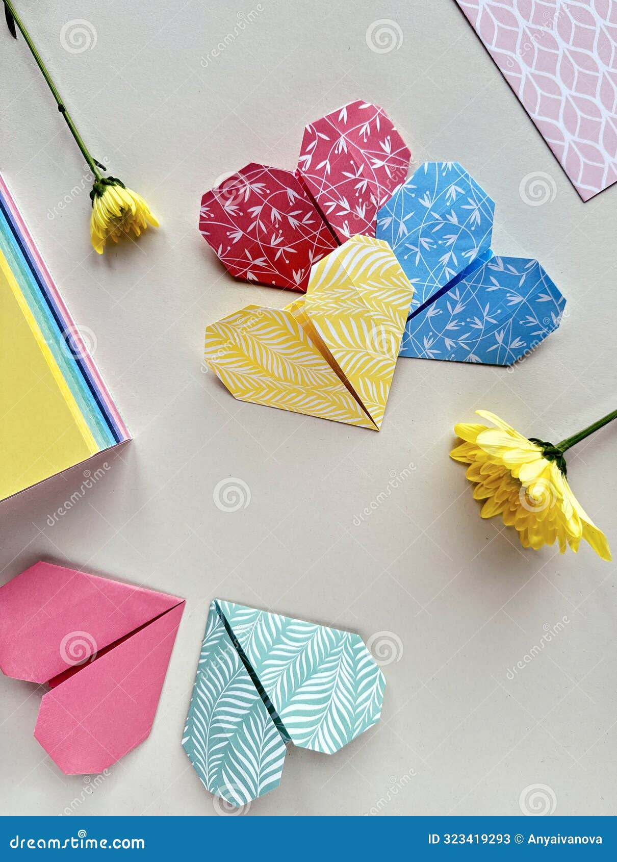 Colorful Origami Paper Hearts in Assorted Patterns and Designs Stock ...