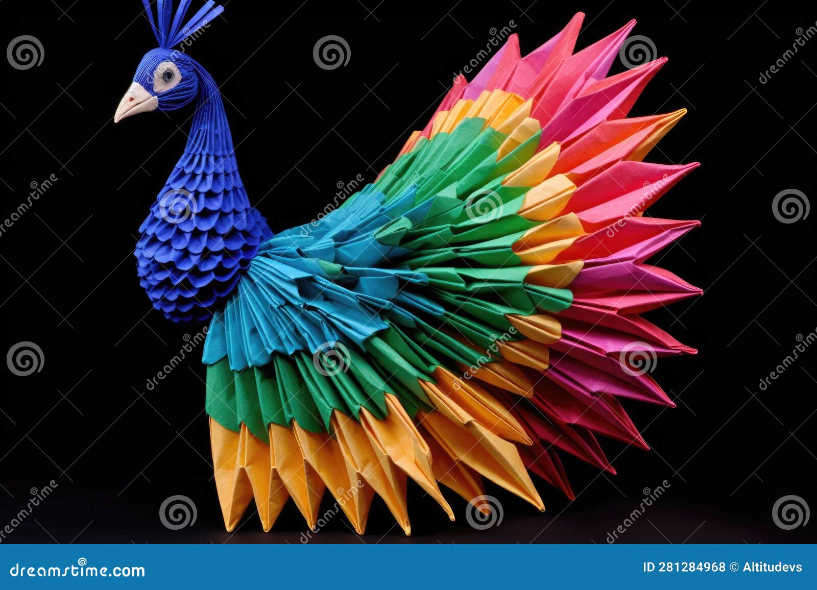 A Colorful Origami Peacock with Extended Tail Feathers Stock ...
