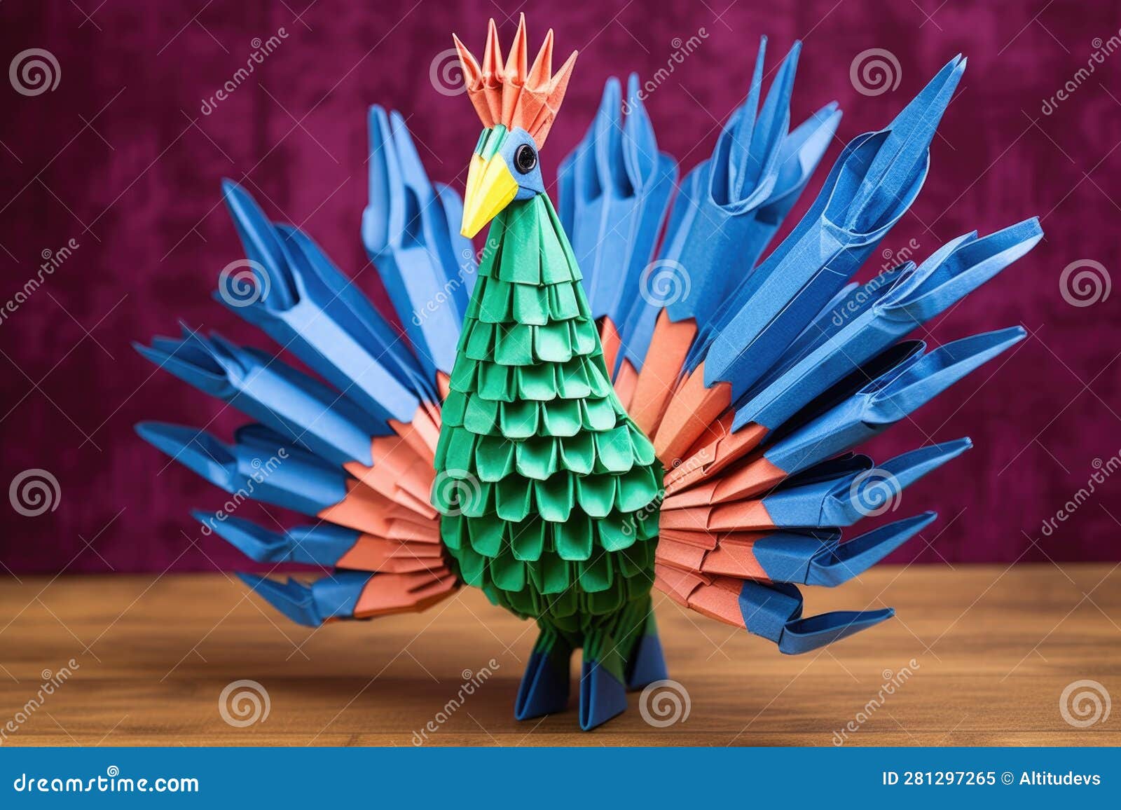 A Colorful Origami Peacock with Extended Tail Feathers Stock ...