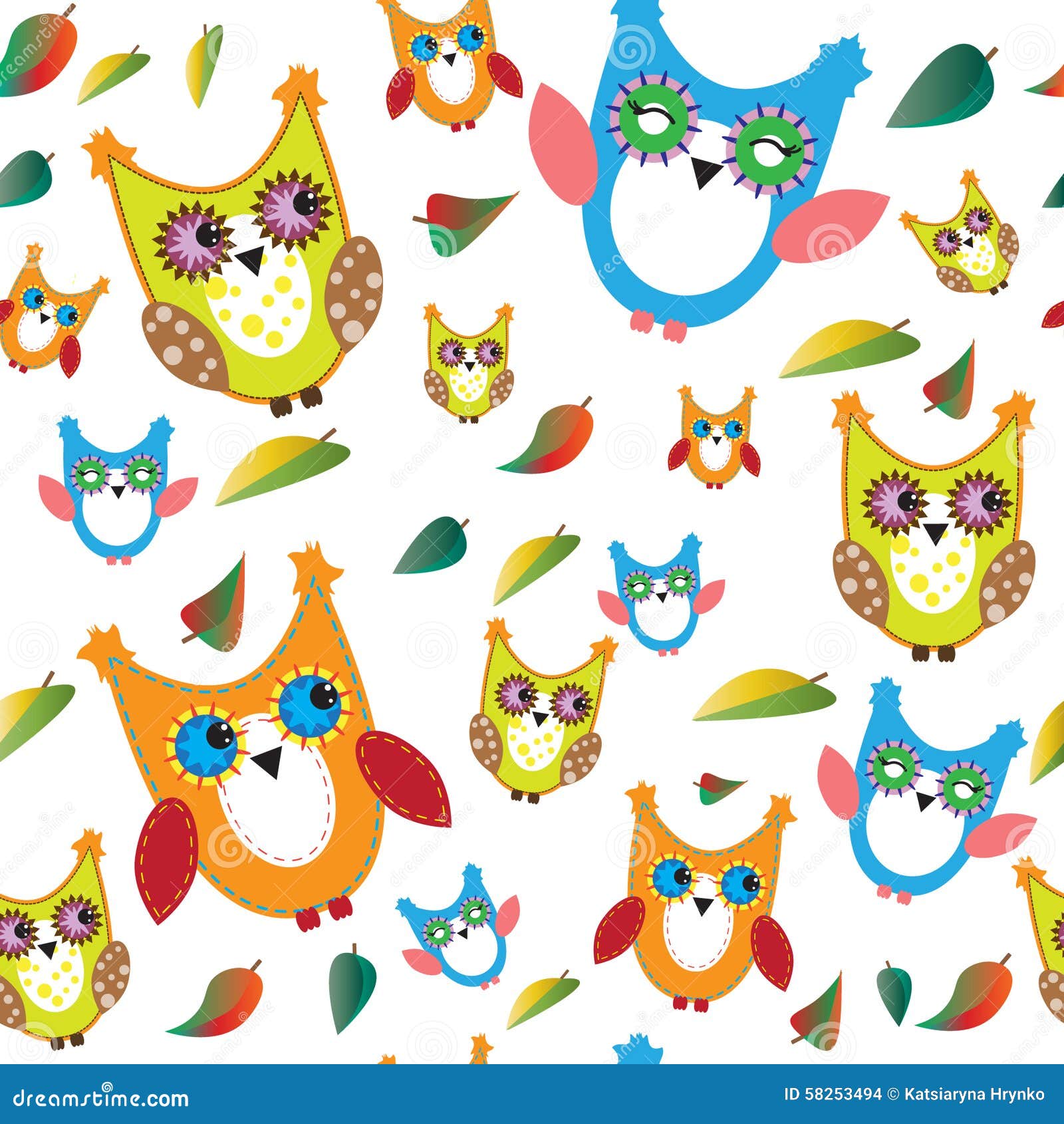 Colorful Owls and Autumn Leaves Stock Vector - Illustration of seamless ...