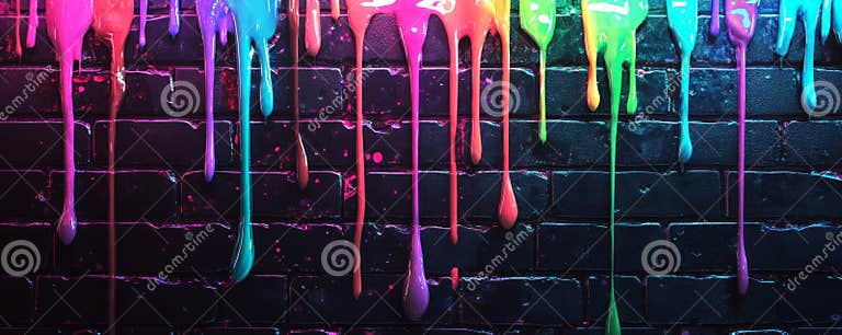 Colorful Paint Drips on a Black Brick Wall Stock Photo - Image of ...