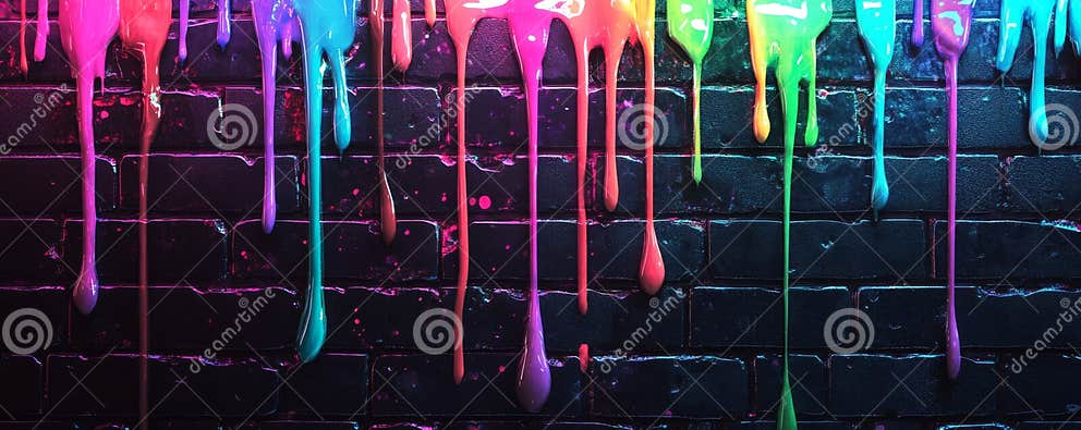 Colorful Paint Drips on a Black Brick Wall Stock Photo - Image of ...