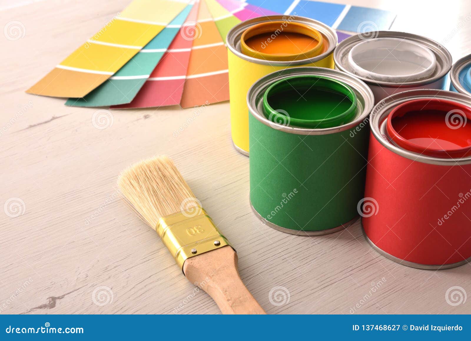 Colorful Paint Pots Open and Color Palette Elevated View Stock Image ...
