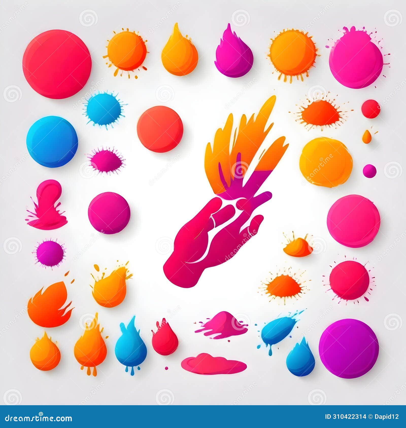 Colorful Paint Splashes and Hand Gesture, Holi Design Elements Set ...