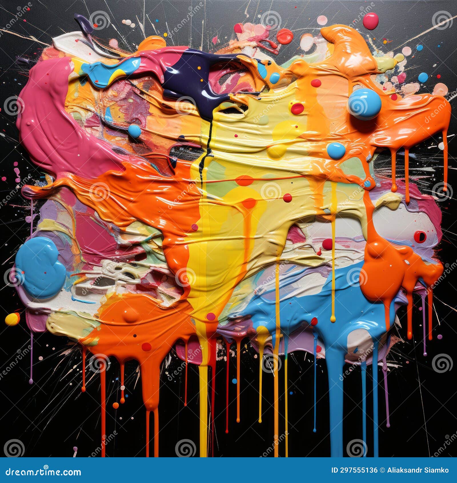 A Colorful Paint Splattered on a Black Surface Stock Photo - Image of ...