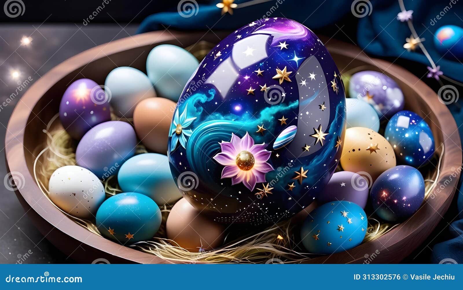 Colorful Painted Easter Eggs with Cosmic Patterns in a Nest, Featuring ...