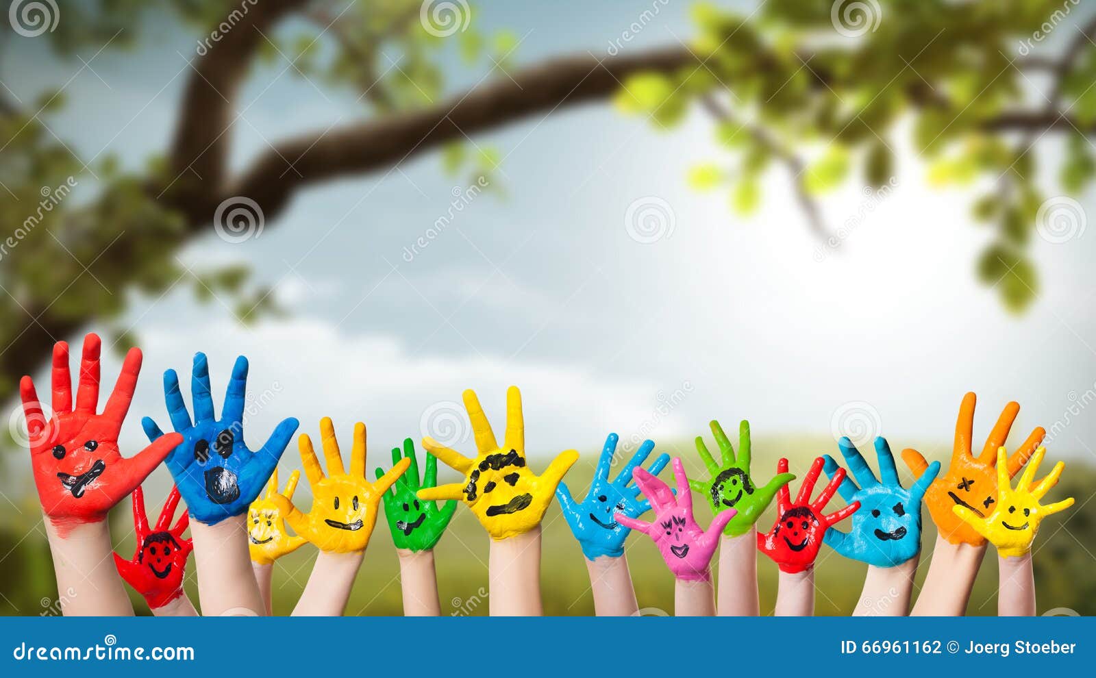 Colorful Painted Hands in Front of a Spring Scene Stock Photo - Image ...