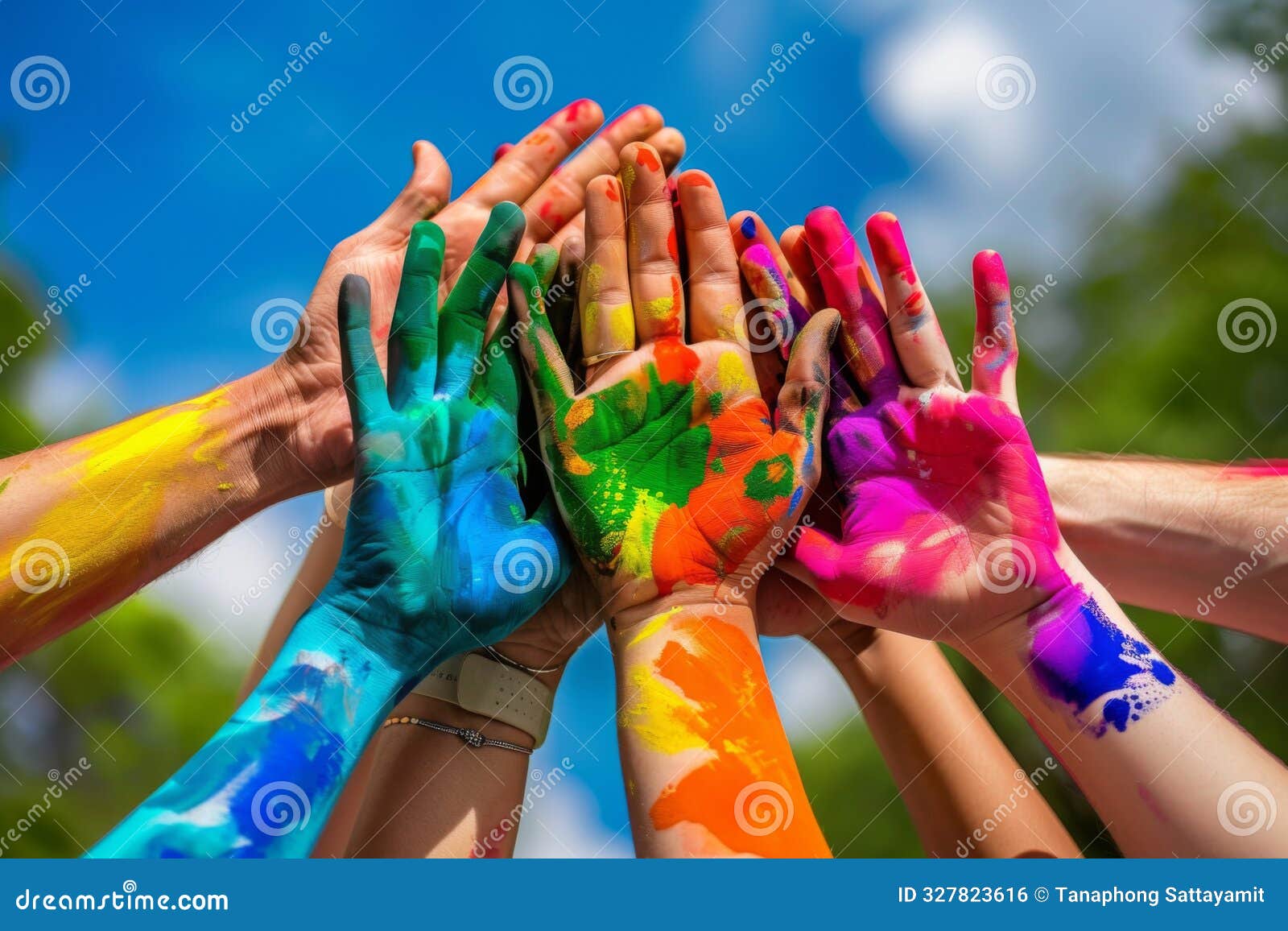 Colorful Painted Hands Raised Together in Unity Vibrant and Powerful ...