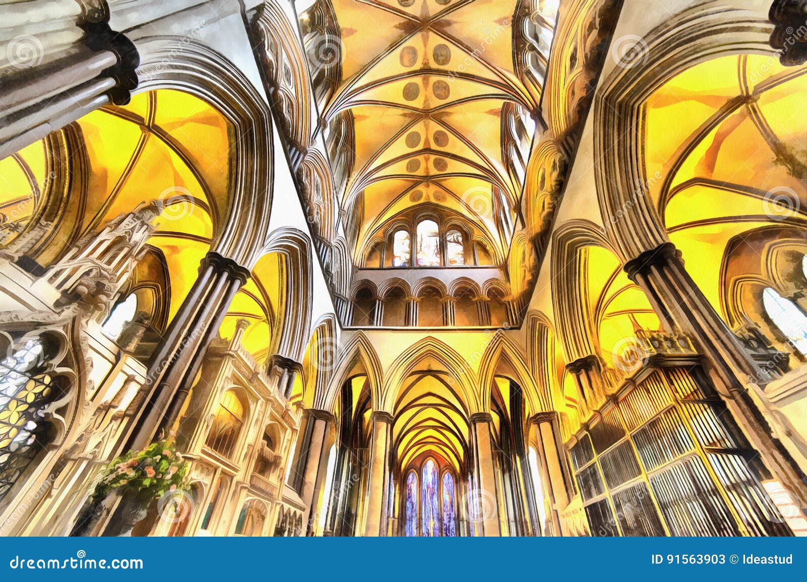 Colorful Painting of Gothic Cathedral Interior Stock Illustration ...