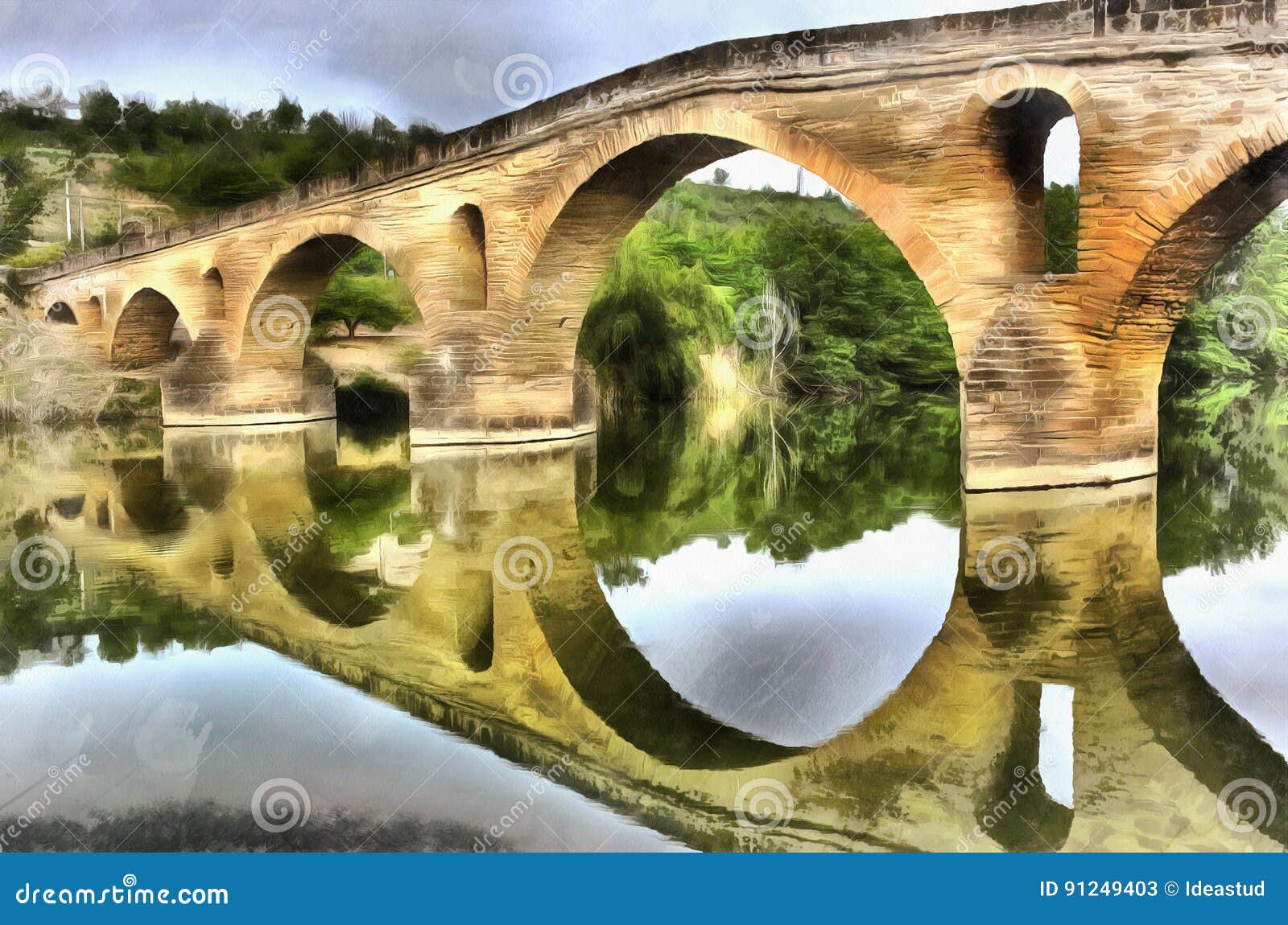 Colorful Painting of Medieval Bridge Stock Illustration - Illustration ...