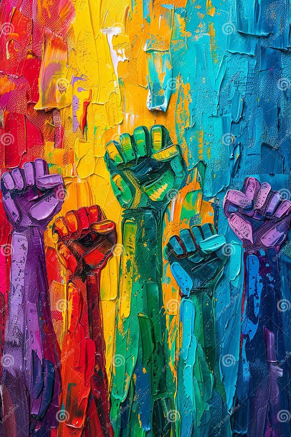 Colorful Painting of Raised Fists in Protest Symbolizing Unity and ... Colorful Painting of Raised Fists in Protest Symbolizing Unity and ...