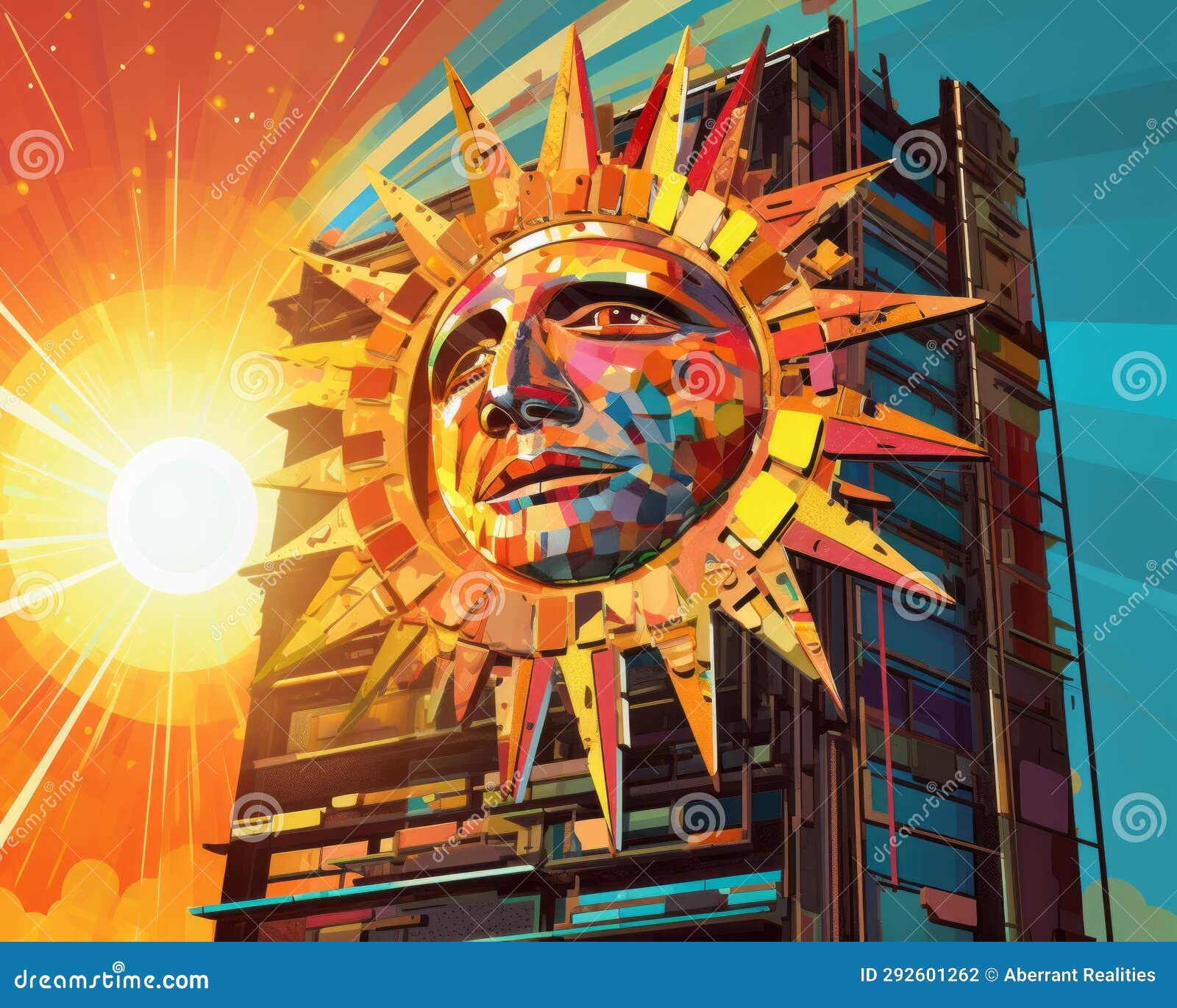A Colorful Painting of a Sun with a Building in the Background Stock ...