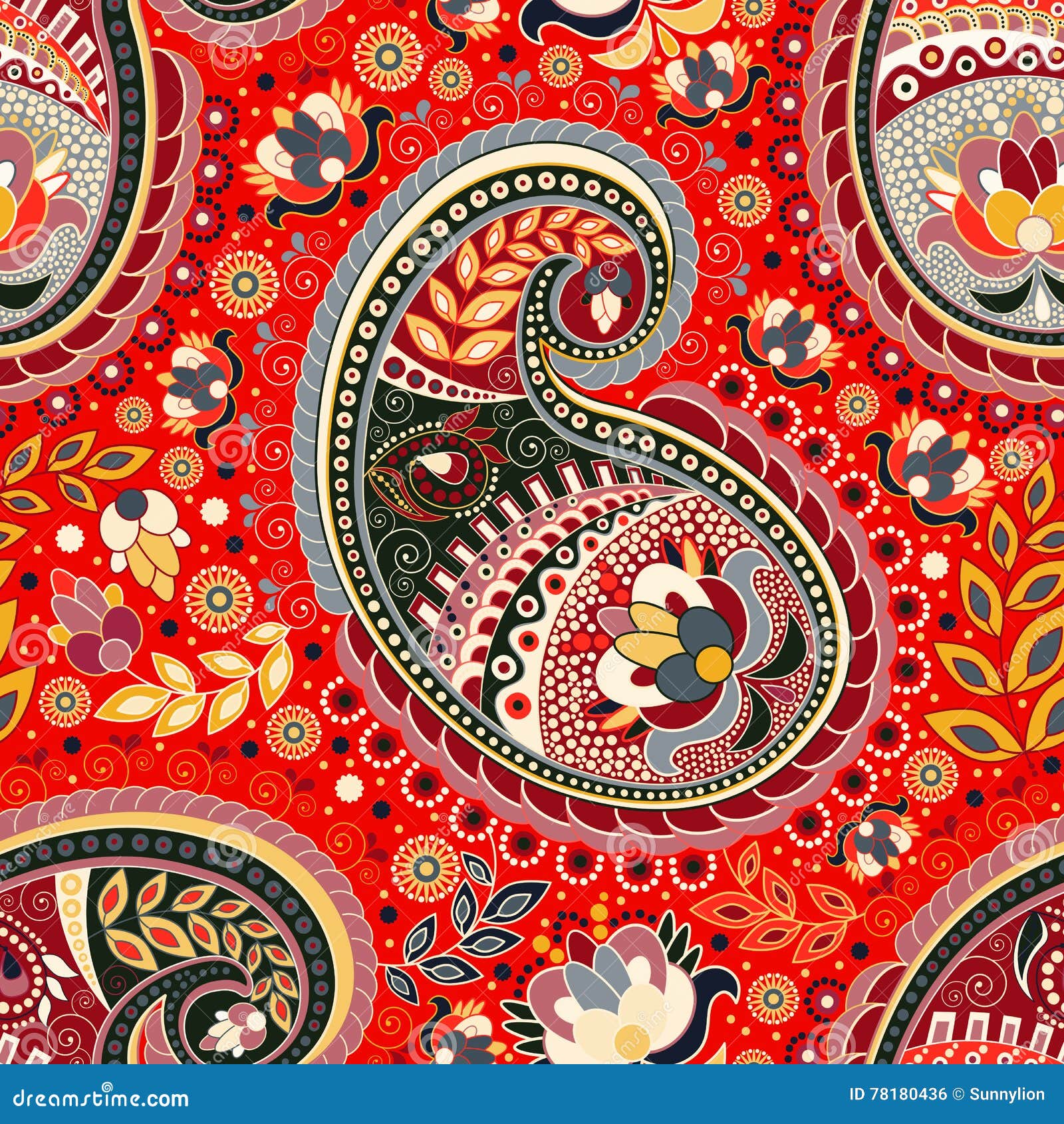 Colorful Paisley Seamless Pattern. Red Indian Backdrop Stock Vector ...