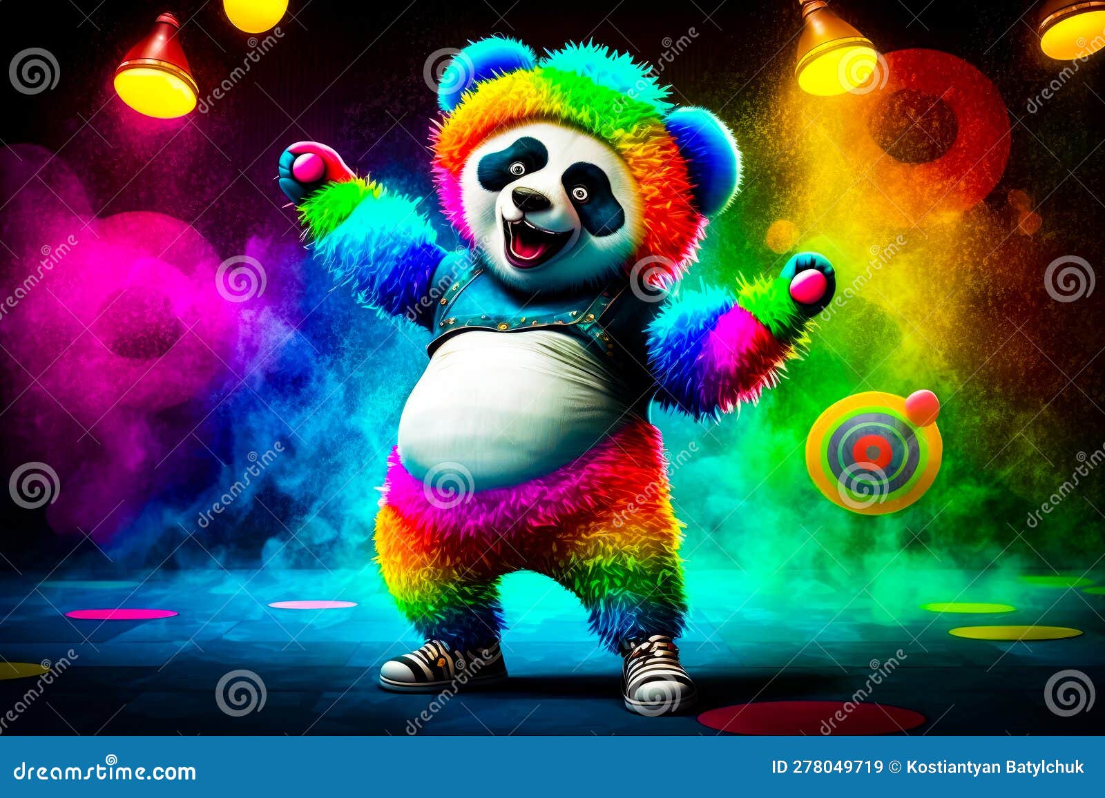 Colorful Panda Dancing in Front of Stage with Lights and Ball ...