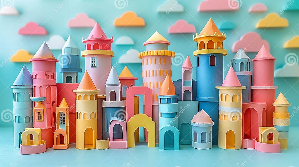 Colorful Paper Castle Built with Various Shapes and Sizes on a Light ...