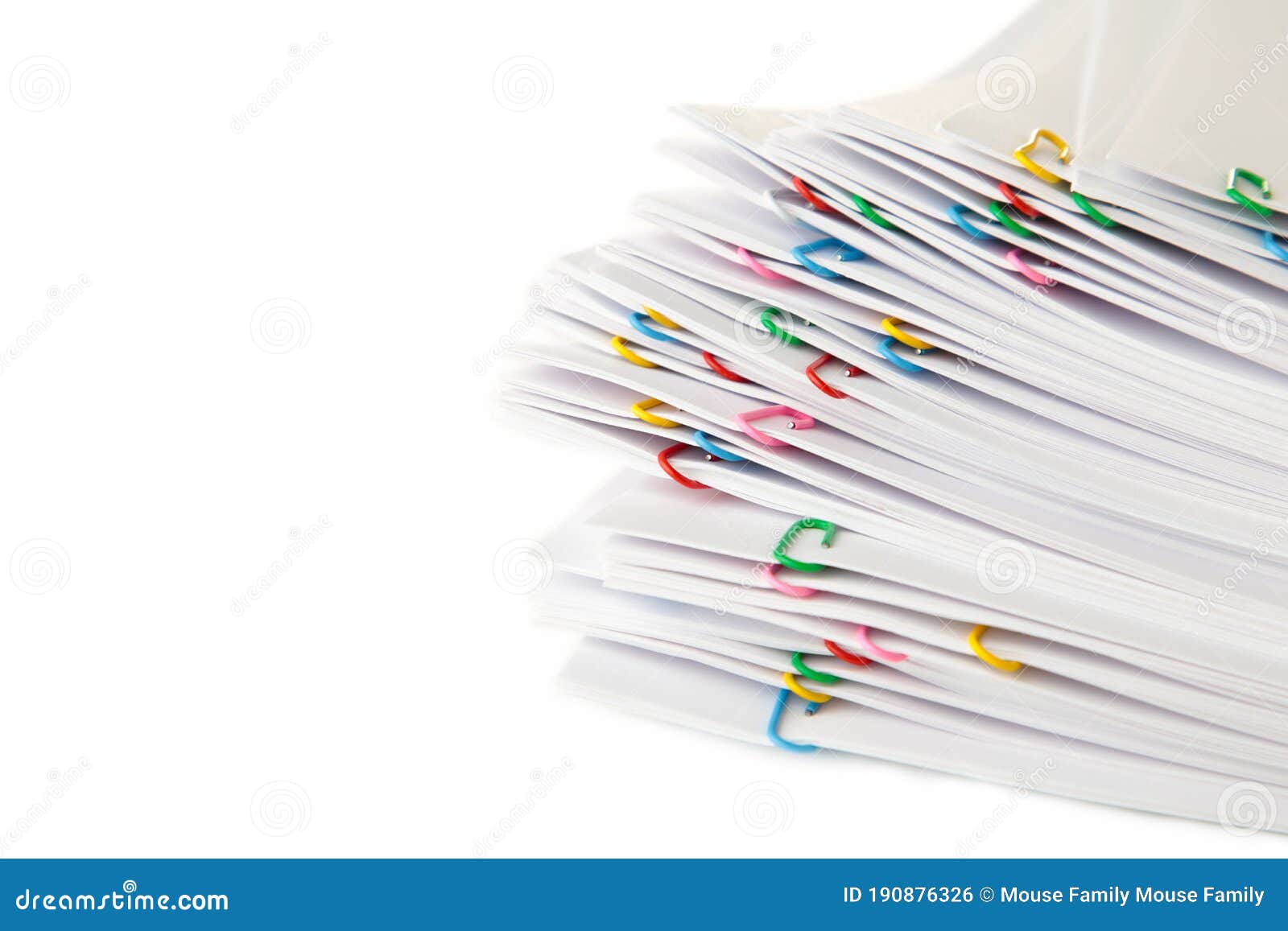 Colorful Paper Clip with Pile of Overload White Paperwork Isolated on ...