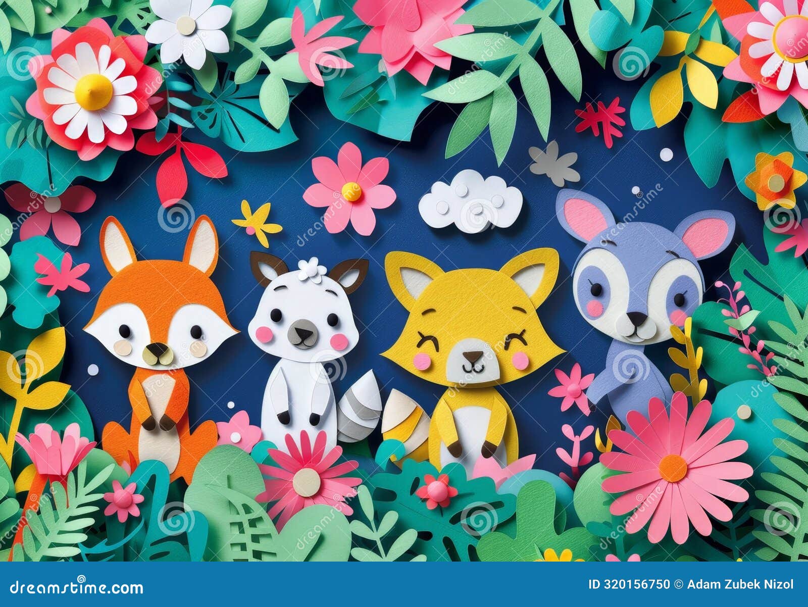 Colorful Paper Craft Animals and Flowers Stock Illustration ...