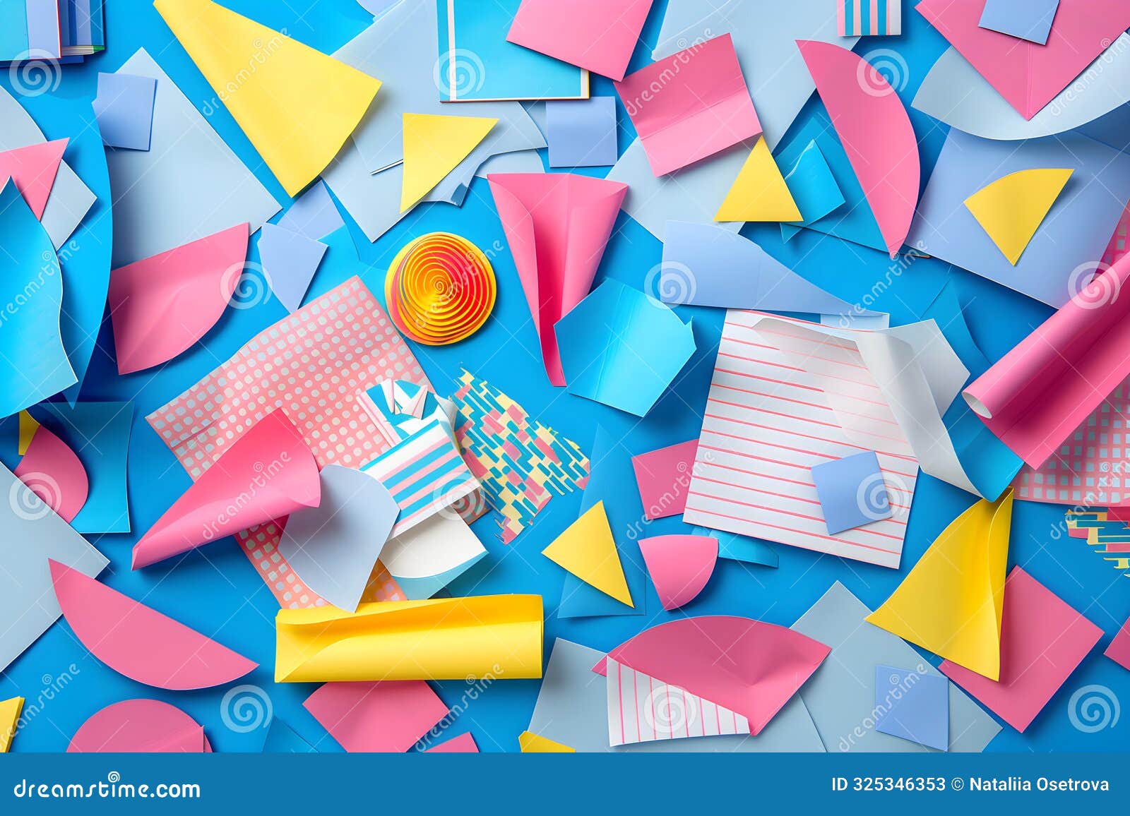 Colorful Paper Cutouts in Various Shapes and Patterns Scattered on a ...