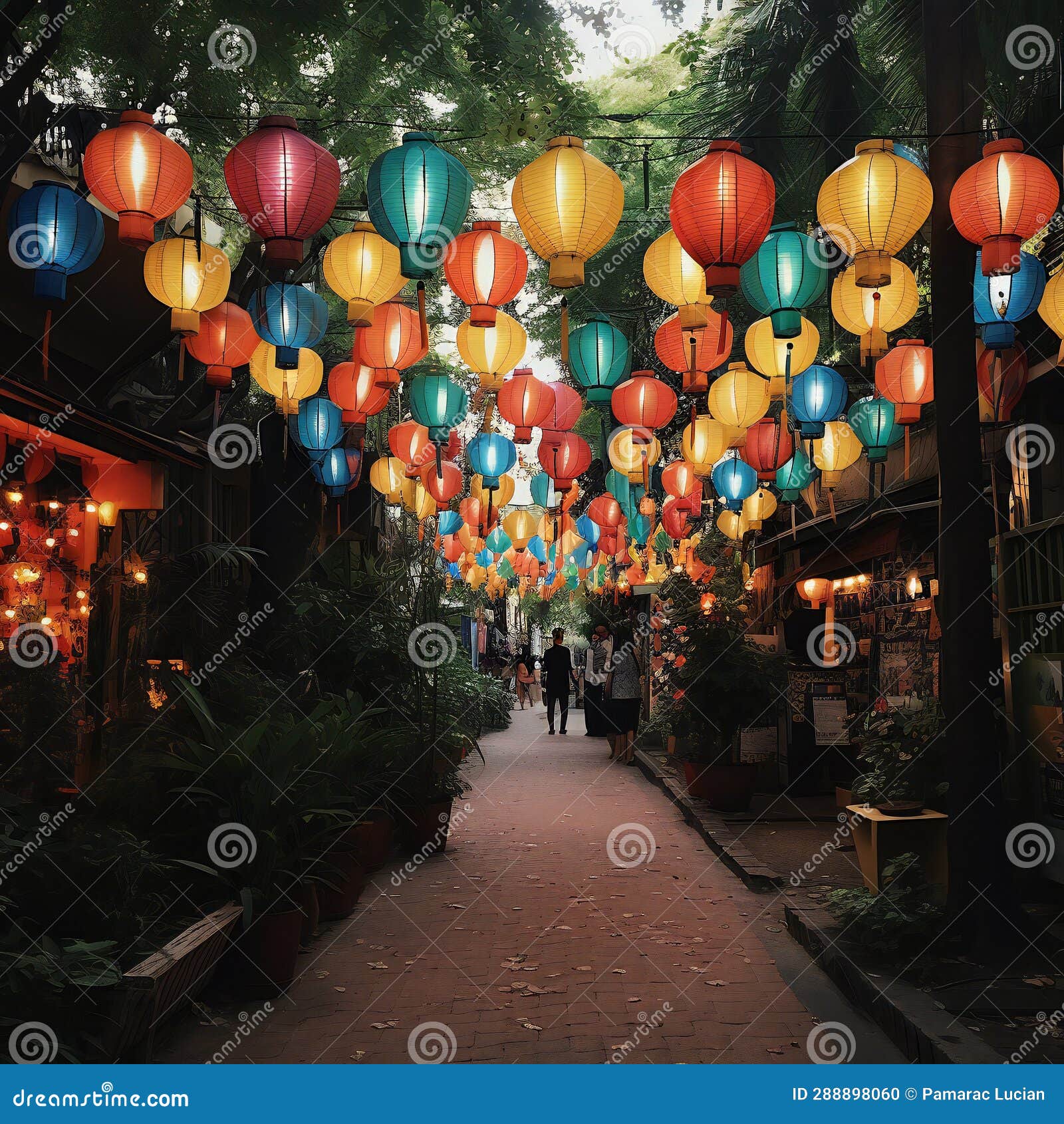 Colorful Paper Lanterns on the Street Stock Illustration - Illustration ...