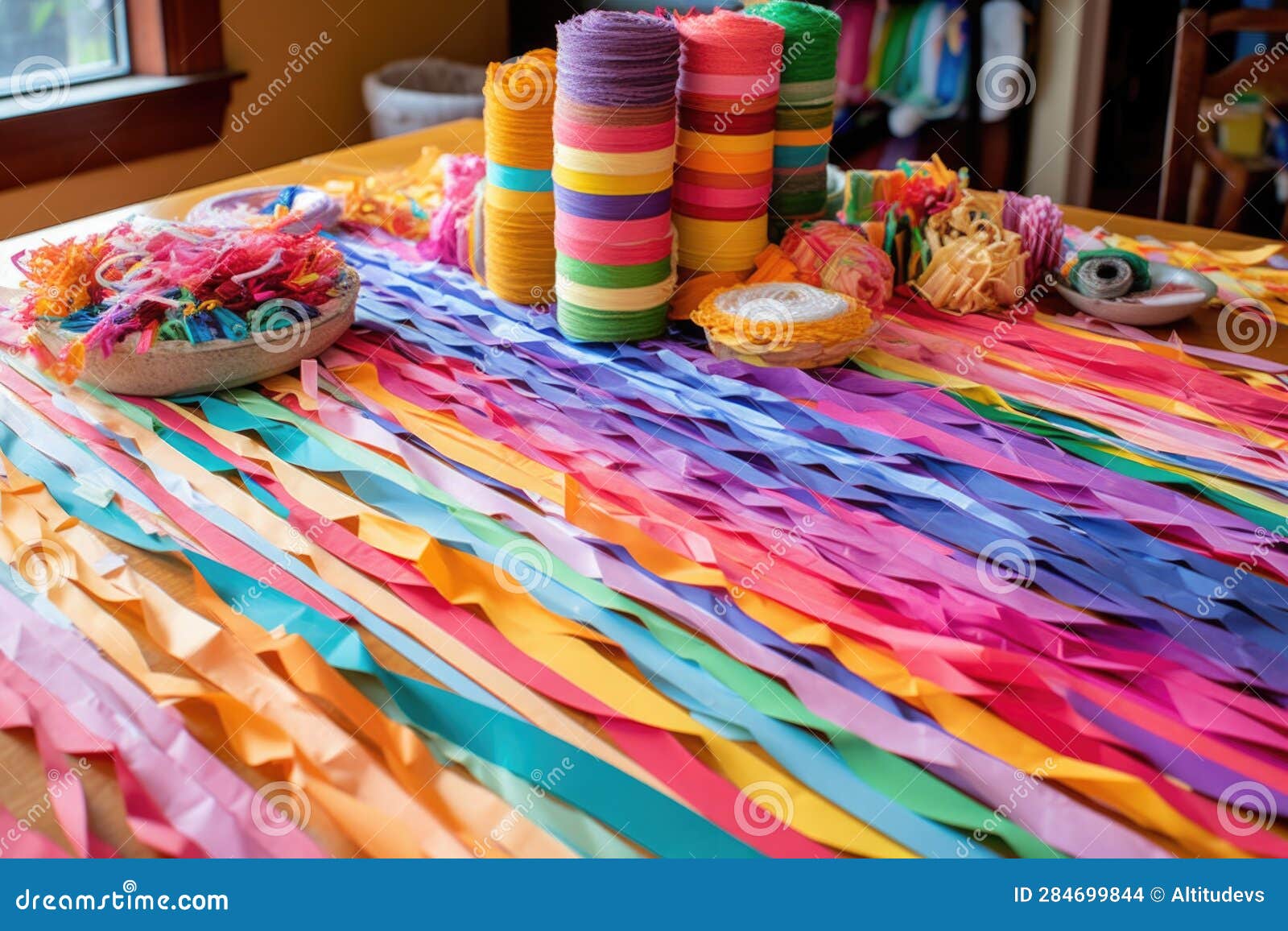 Colorful Paper Strips and Glue on a Table for Pinata Making Stock ...