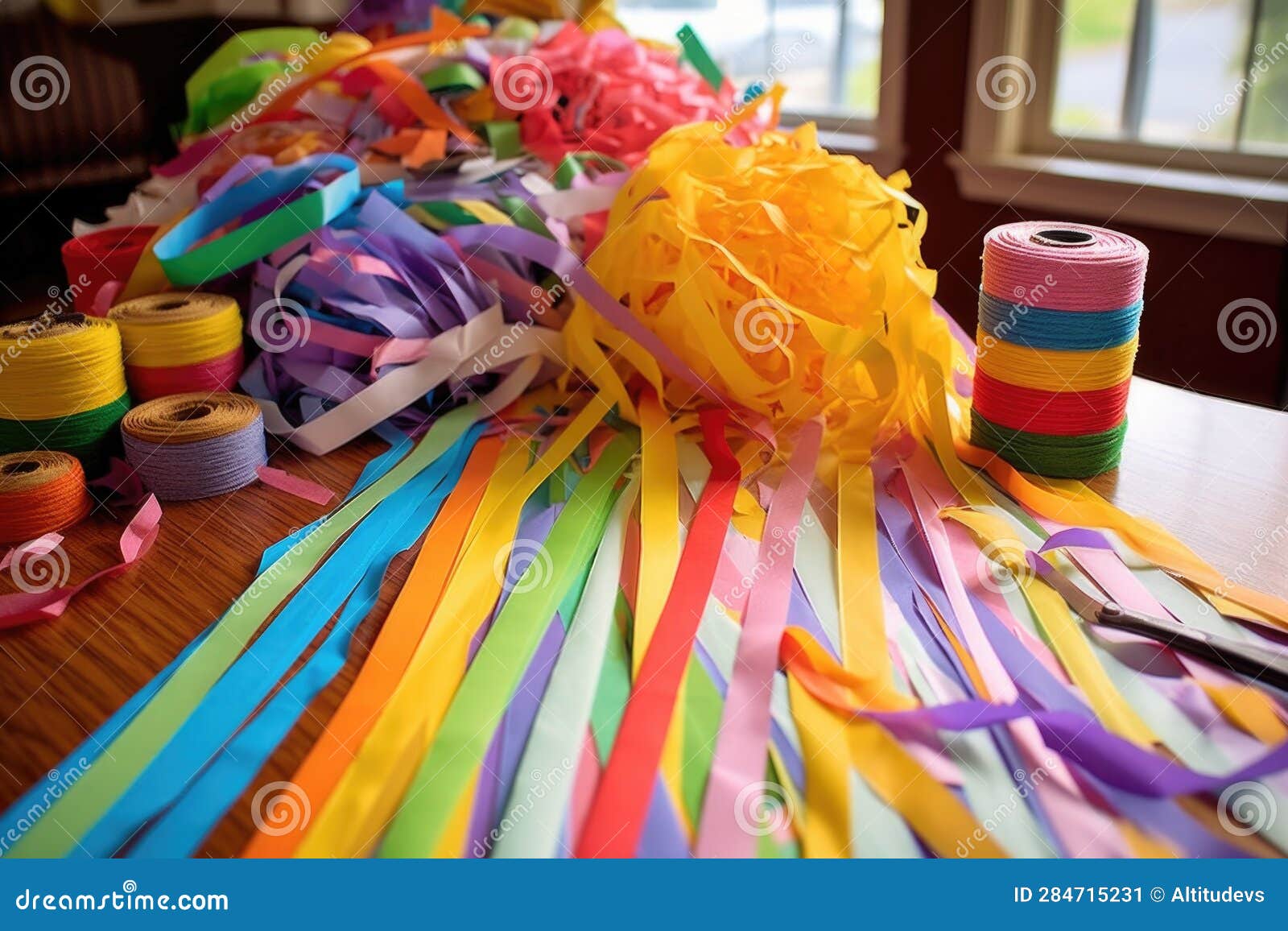 Colorful Paper Strips and Glue on a Table for Pinata Making Stock ...