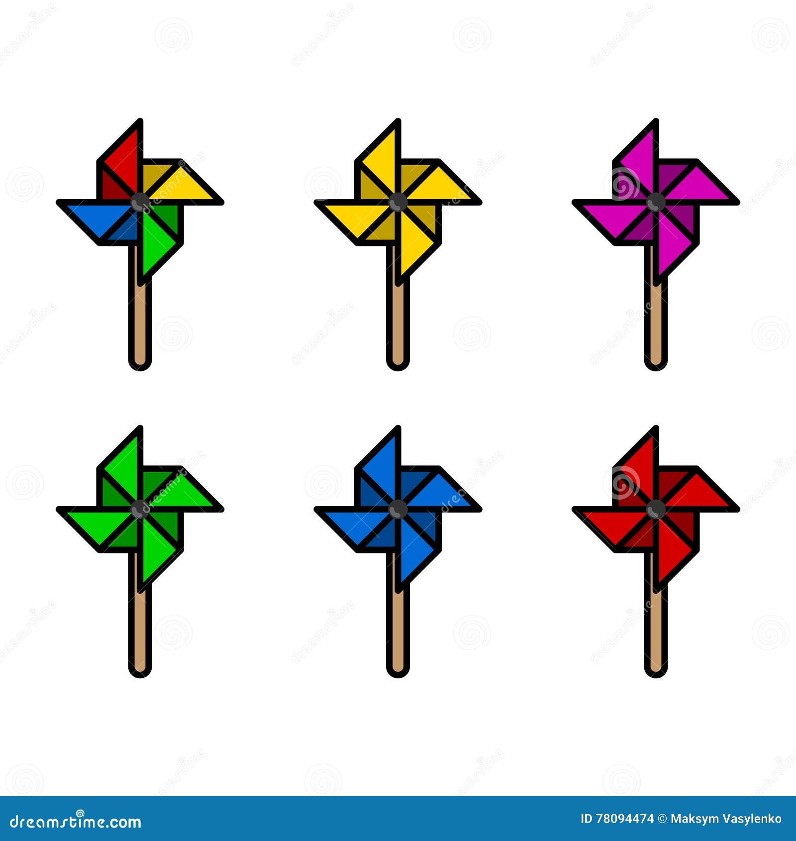Colorful Paper Windmills Set with Fat Shape. Vector Illustration. Stock ...