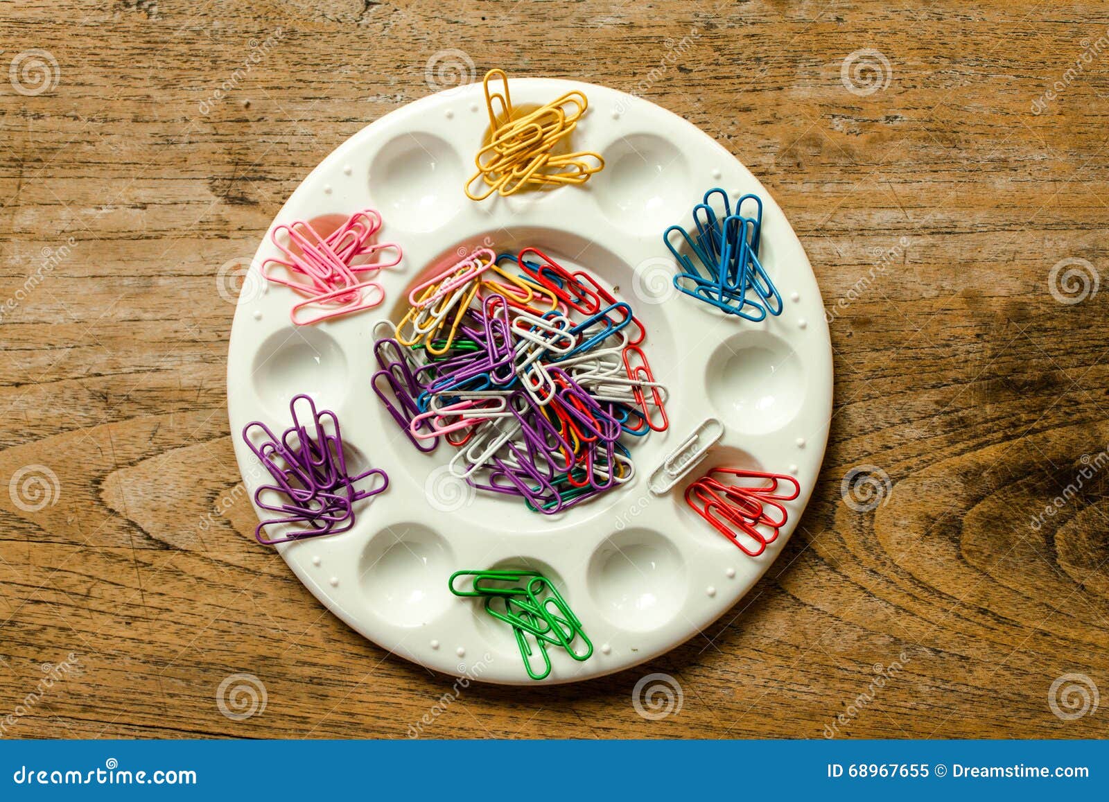 Colorful Paperclips Scattered on Wooden Table. View from Above. Stock ...