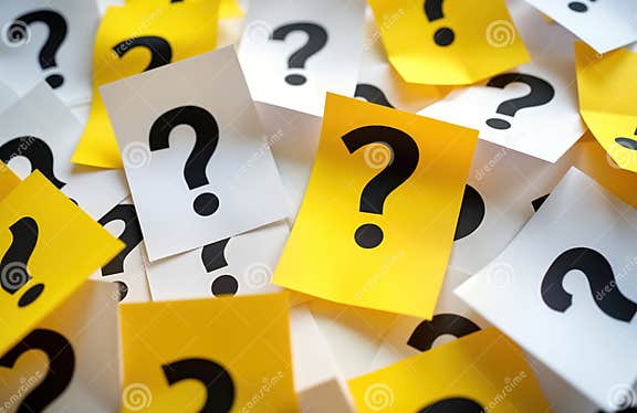 Colorful Papers with Black Question Marks. Pile of Yellow and White ...