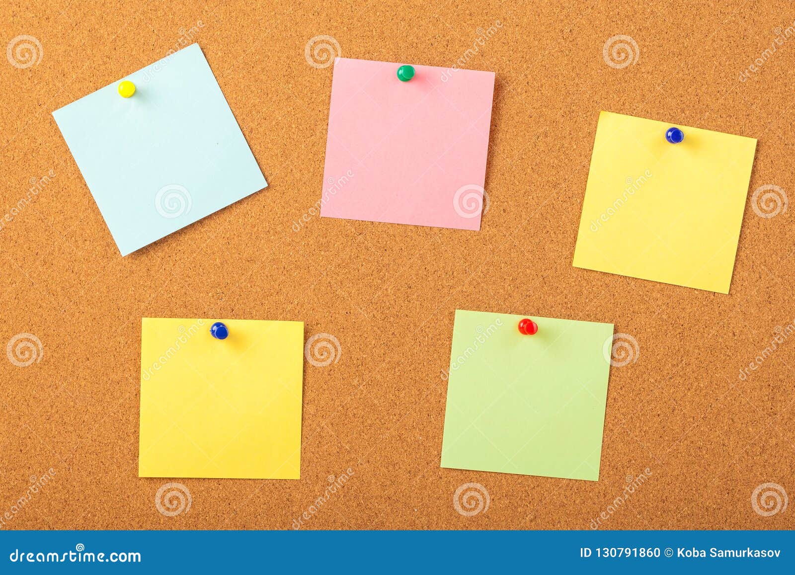 Colorful Papers Pined With Tacks On Brown Cork Board Background Stock ...
