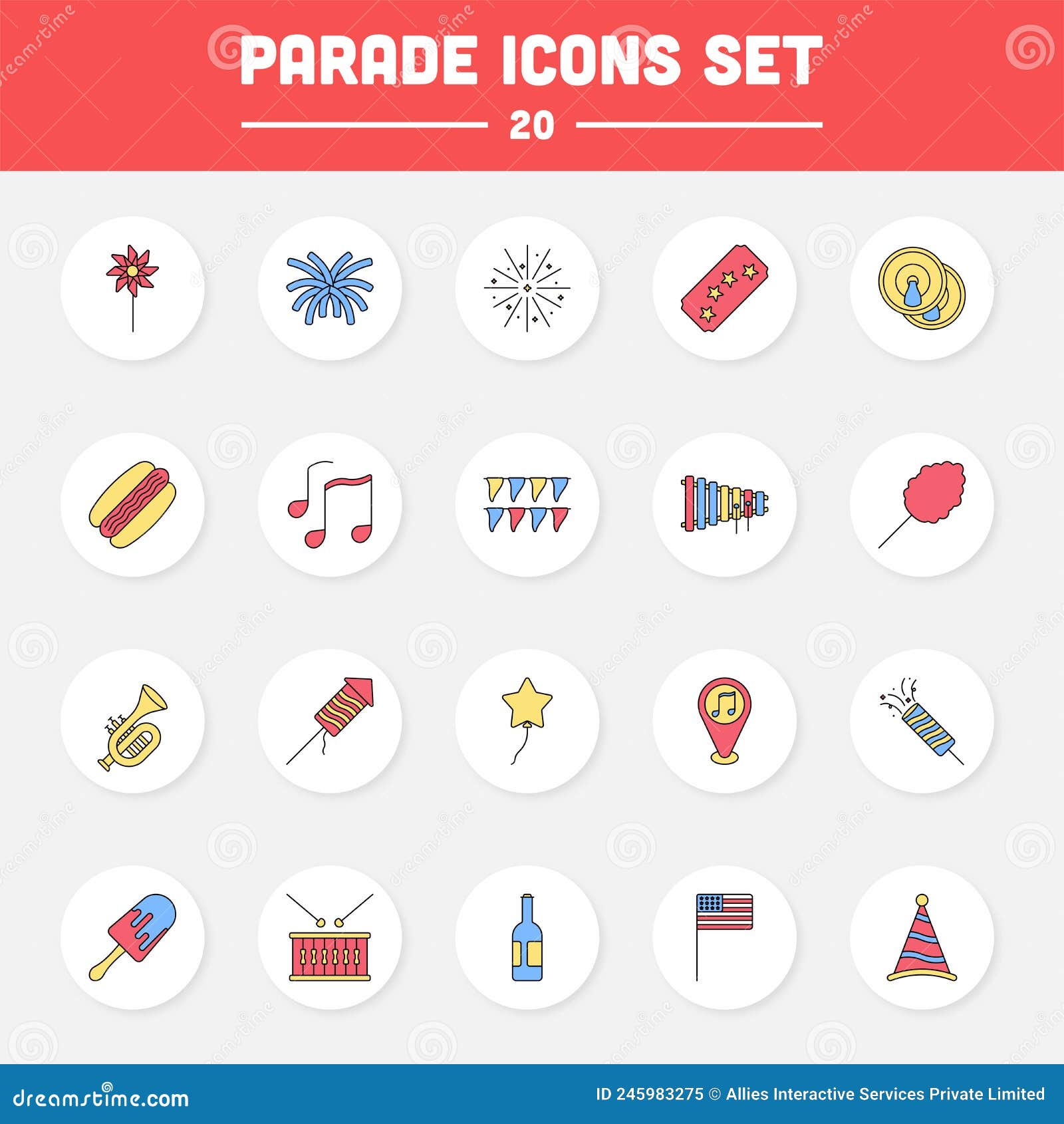 Colorful Parade Icons or Symbols on Circle Background Stock ...